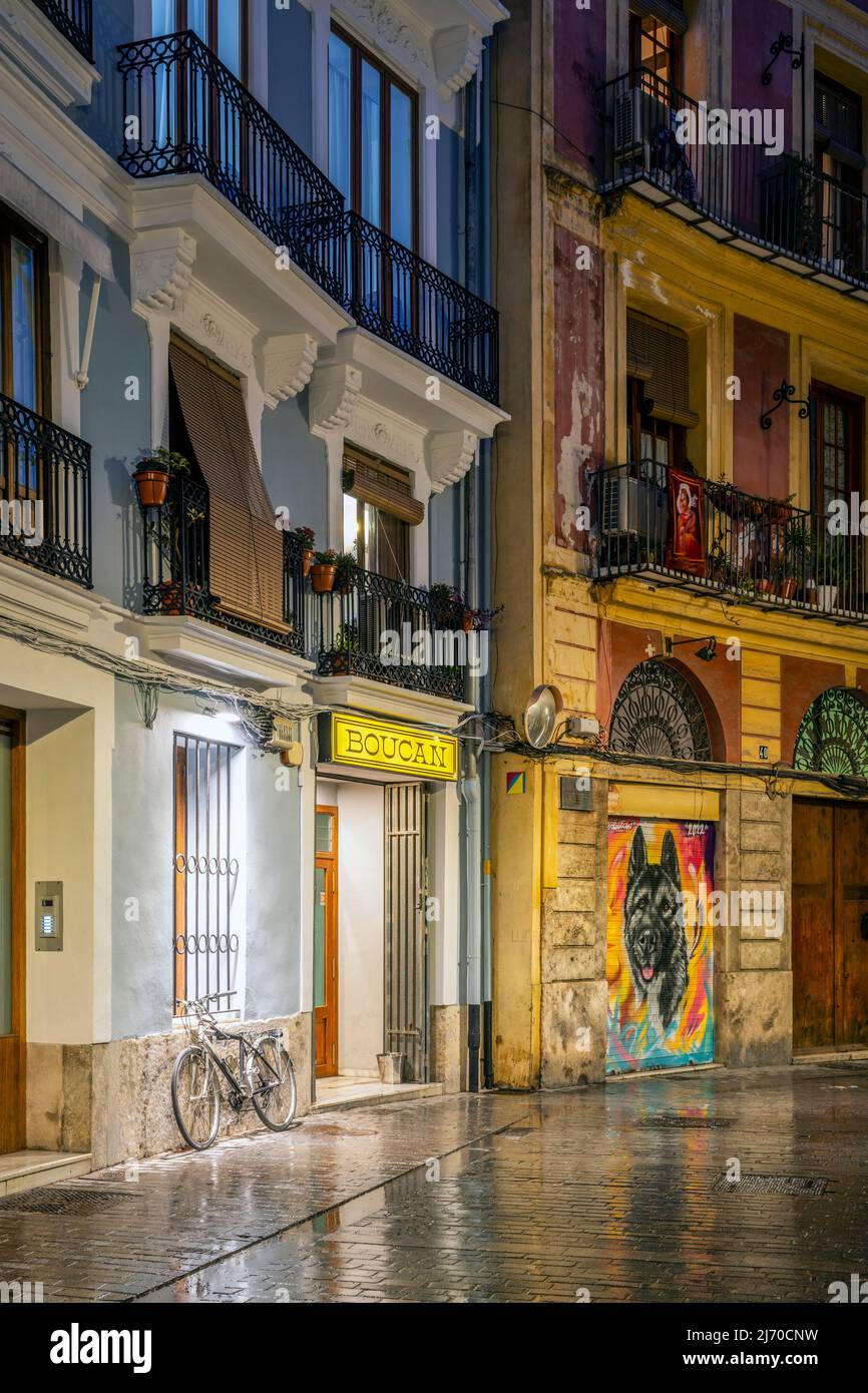 Scenic night street view in El Carmen neighborhood, Valencia, Valencian ...