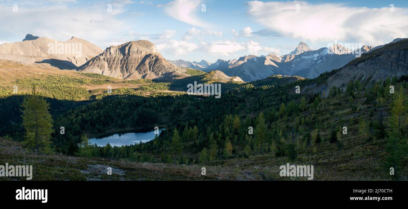Beautiful alpine valley with forest, lake, mountains before sunset, Mt ...