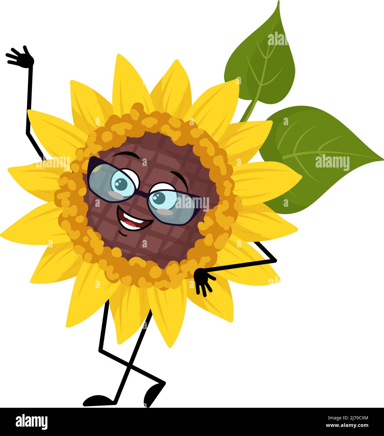 Sunflower character with glasses and happy emotion, face, smile eyes ...