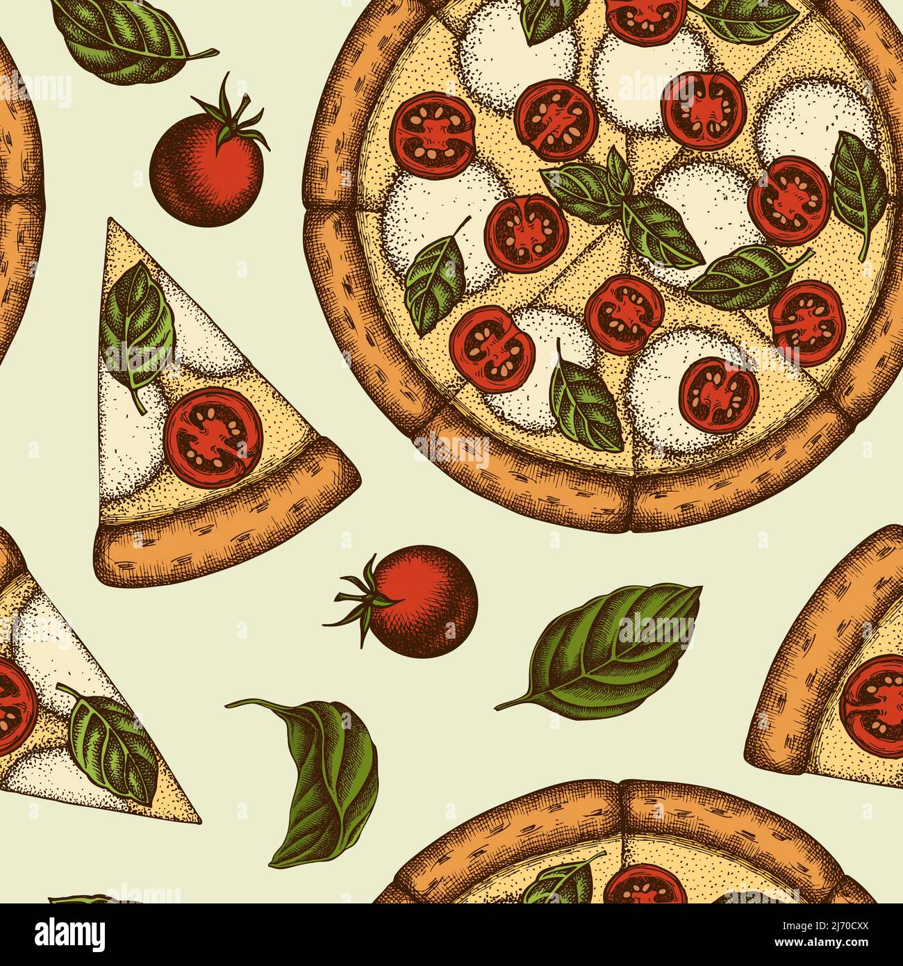 Pizza seamless pattern background design. Engraved style. Hand drawn ...
