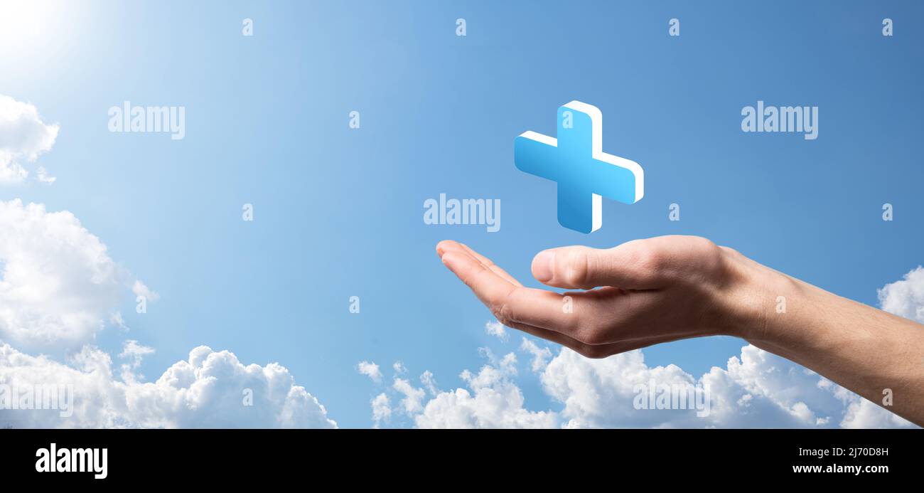 Businessman hold 3D plus icon, man hold in hand offer positive thing ...