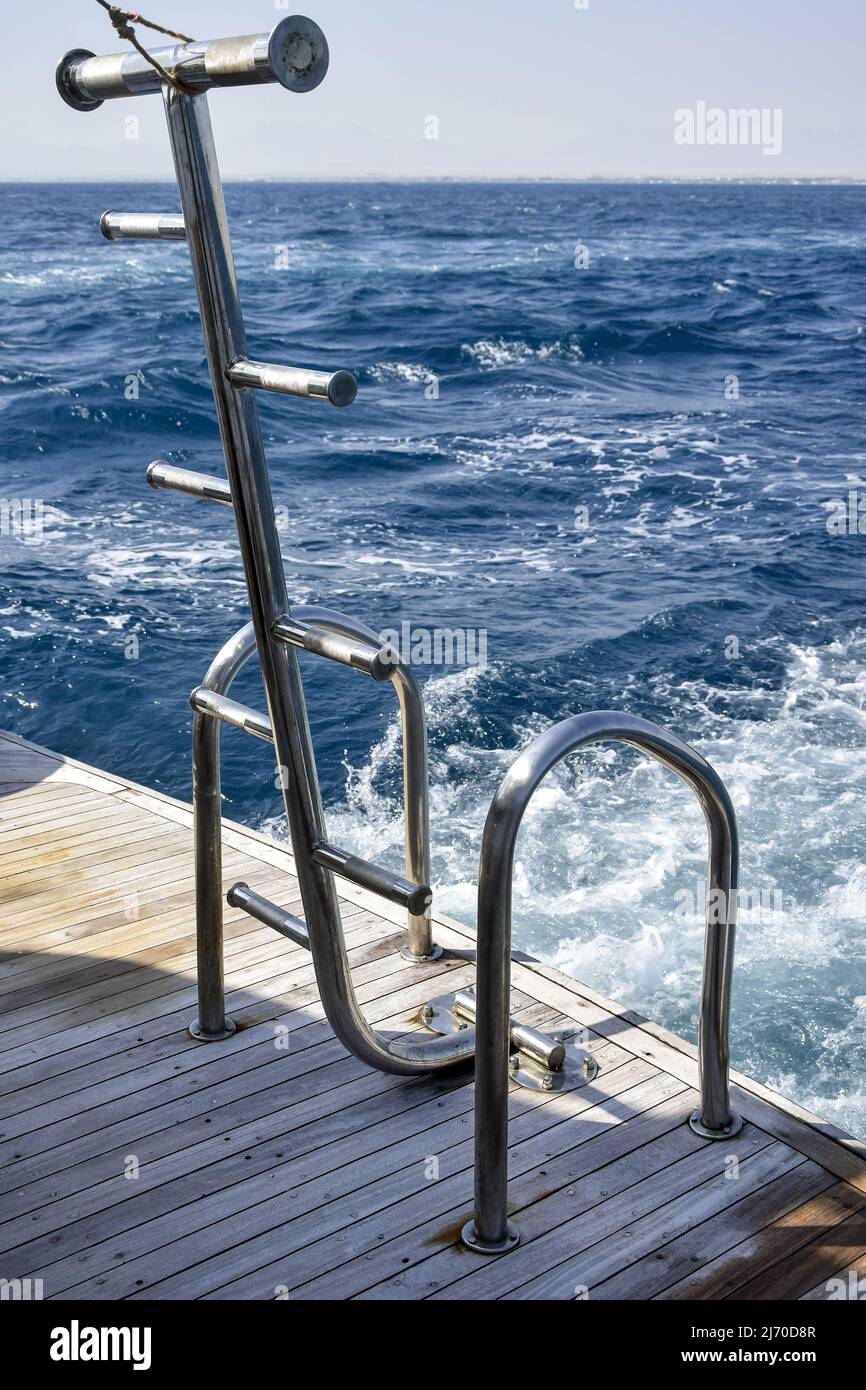 Sea view from stern of yacht. Trace on water from yacht's engine ...