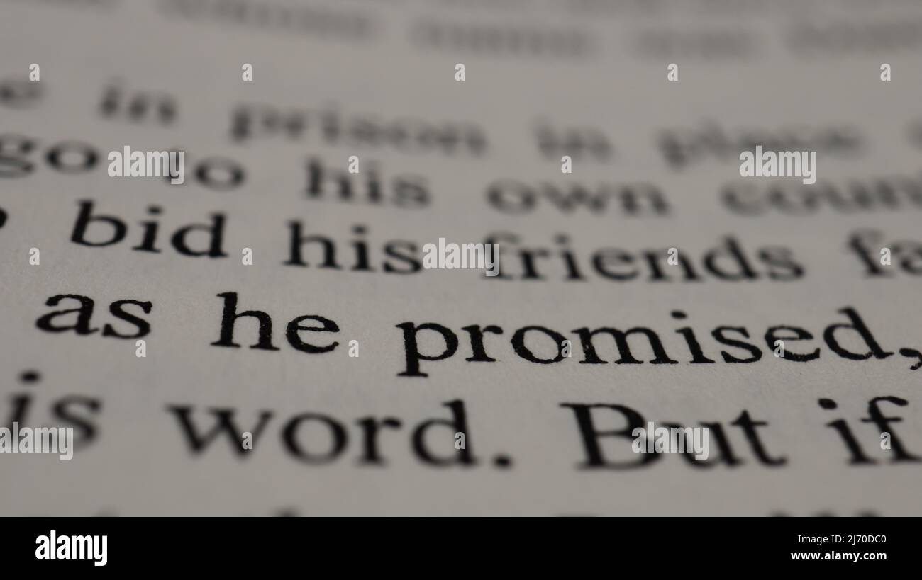 Promise text in open book page, selective focus, close up, macro shot ...
