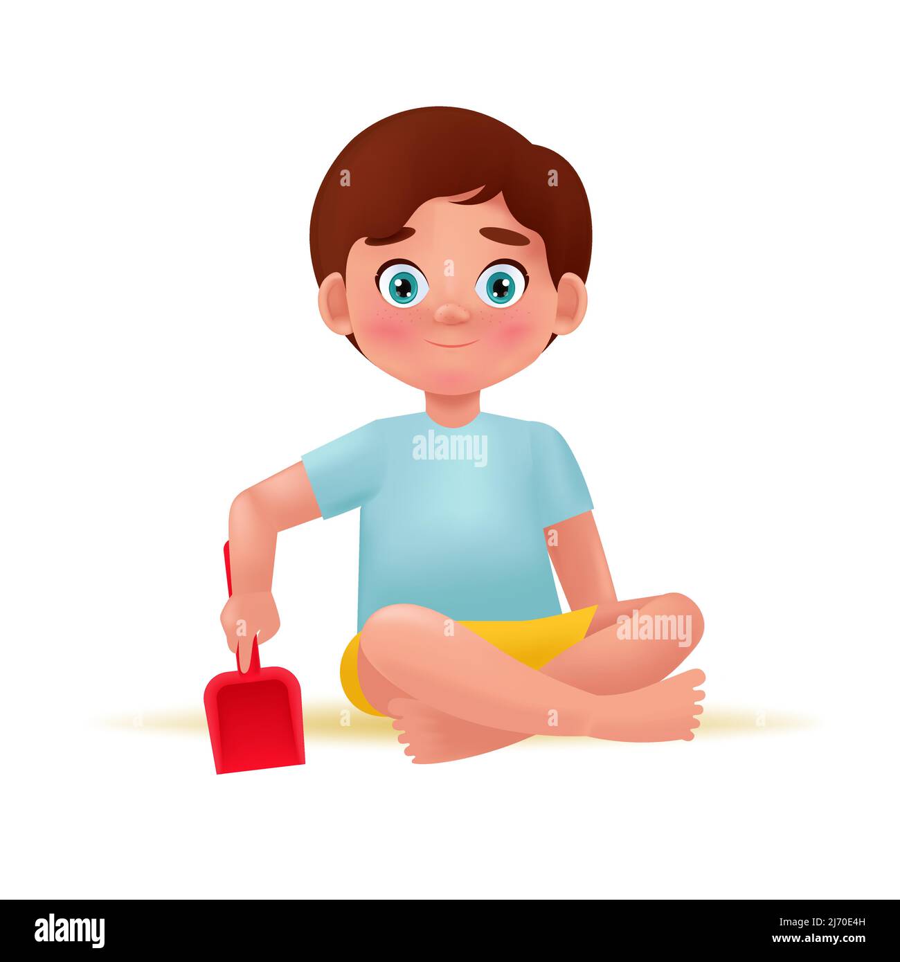 Preschool boy kid playing with sand shovel. Vector illustration in ...