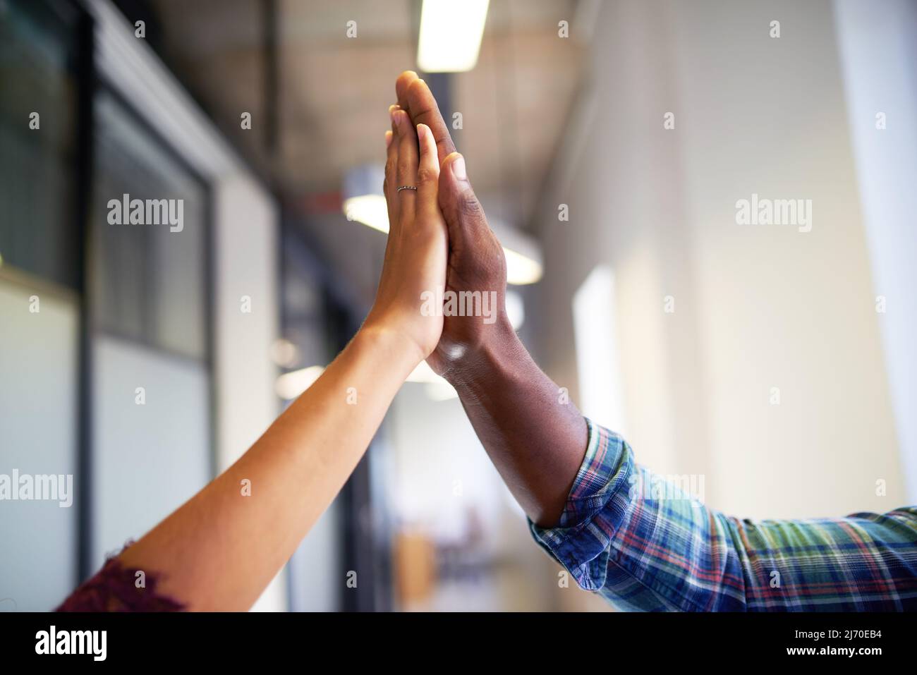 A close up of two diverse hands giving a hi-five celebration in the ...