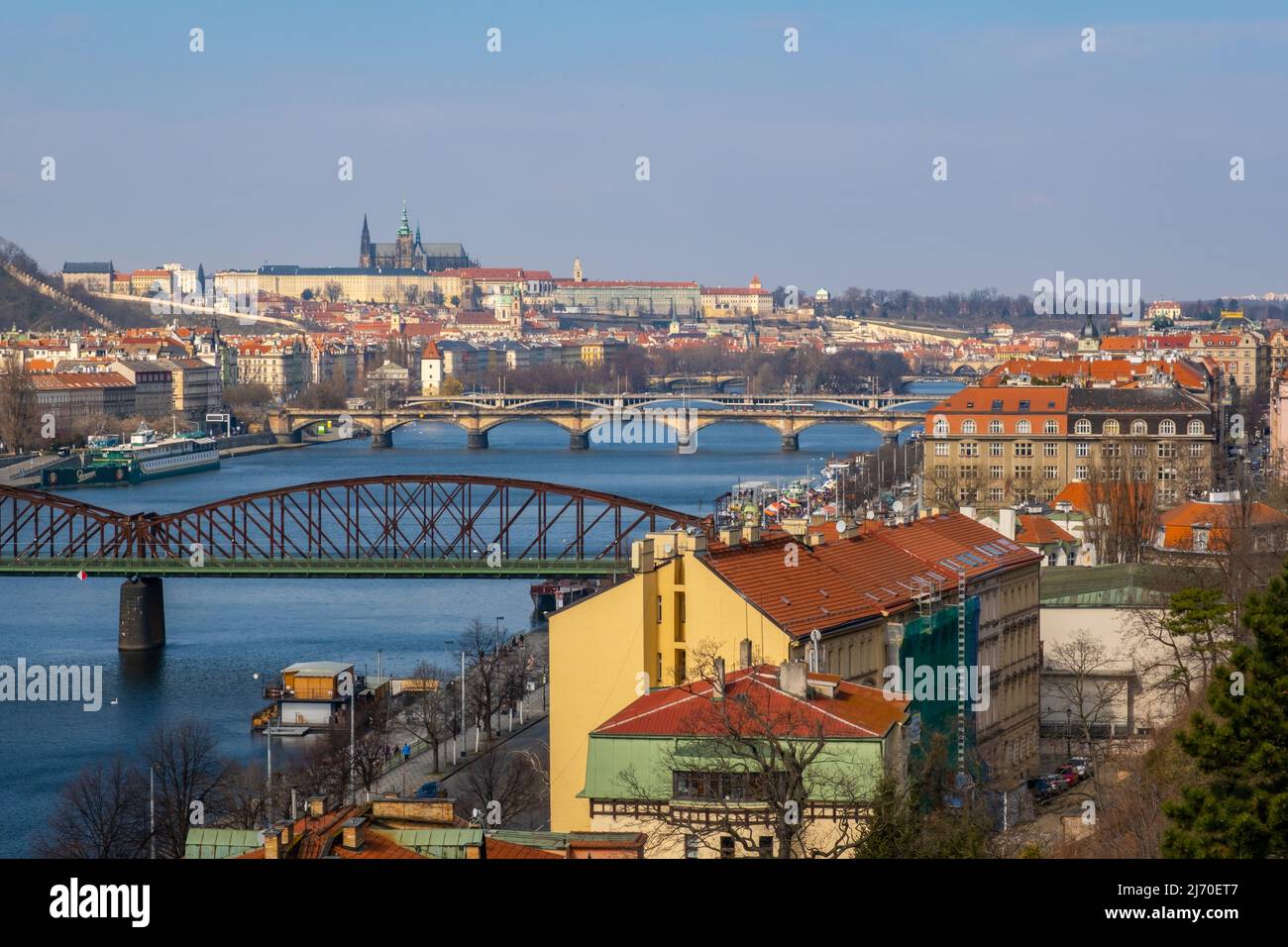 Houses with traditional red roofs in Prague, Panoramic city skyline ...