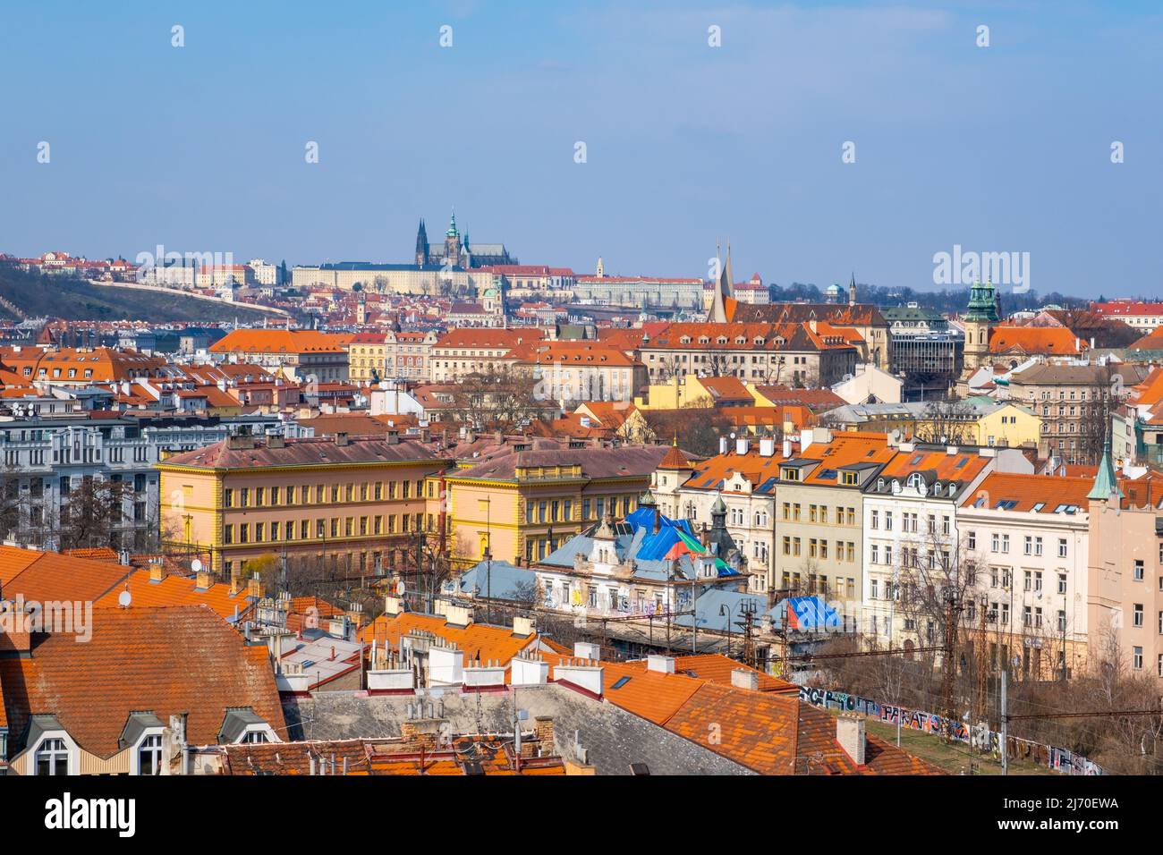 Houses with traditional red roofs in Prague, Panoramic city skyline ...