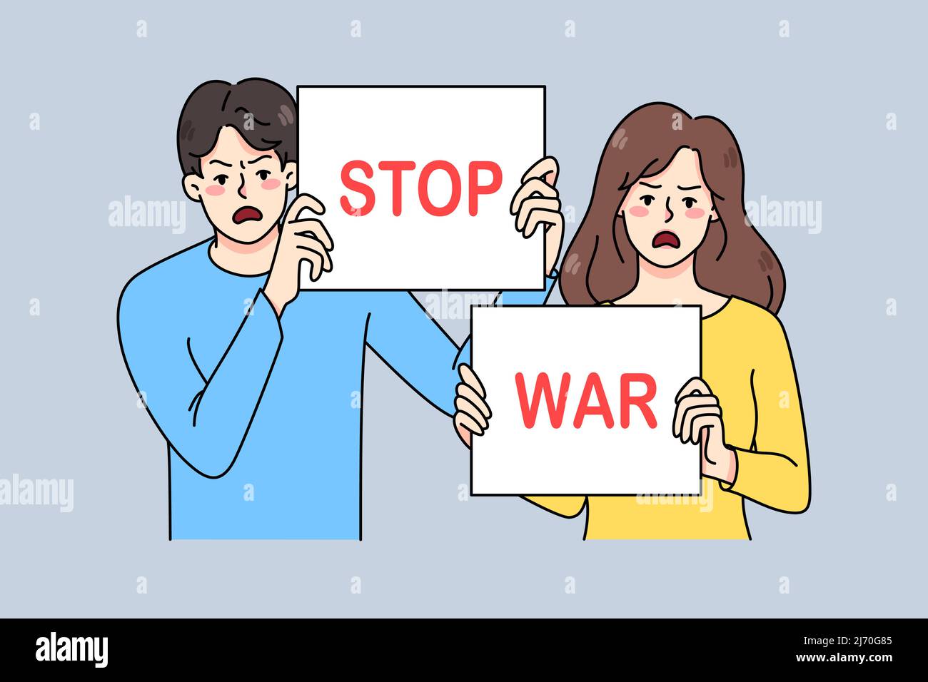 Angry people with banners protest against war and invasion. Determined ...