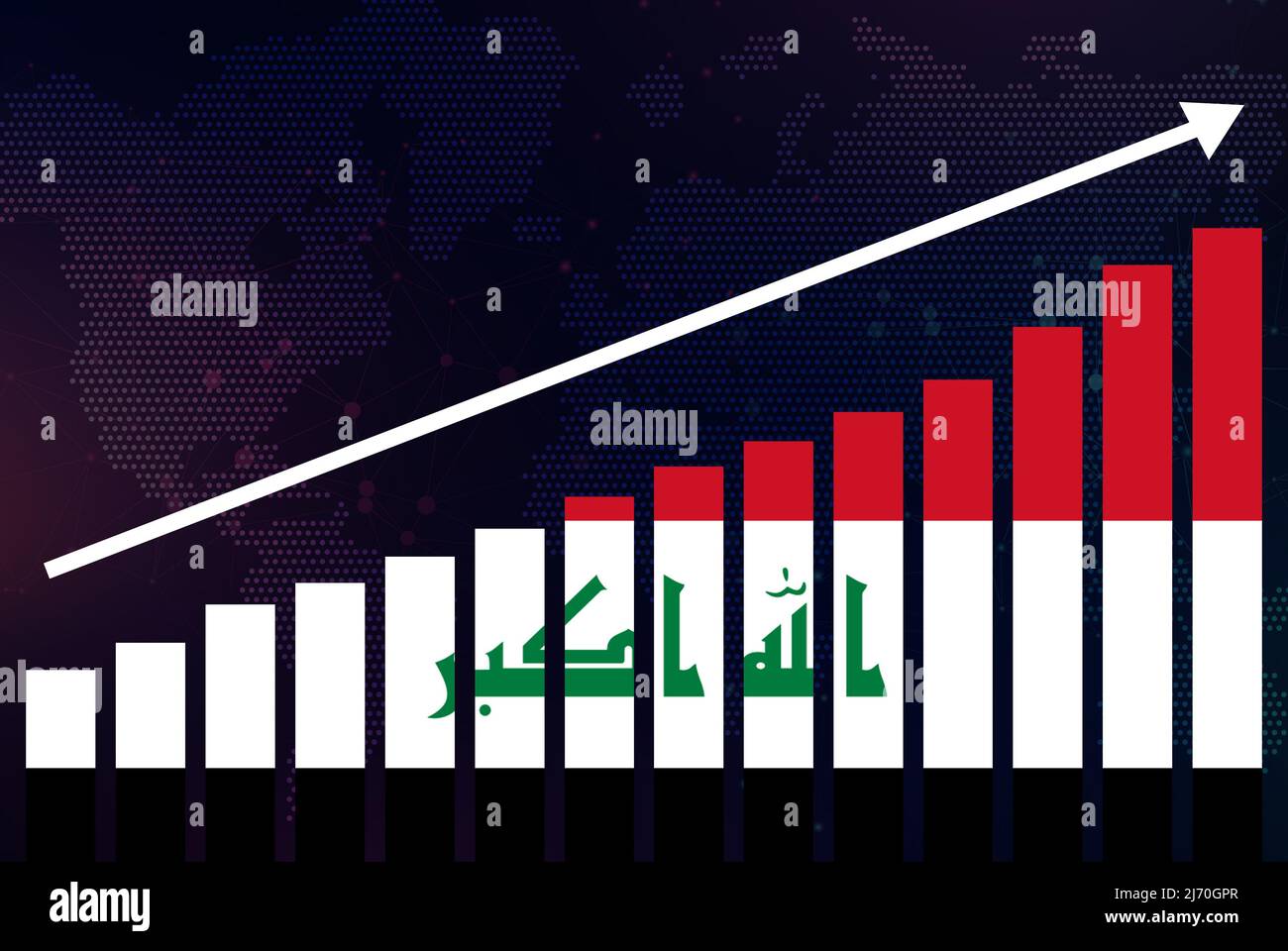 Iraq bar chart graph, increasing values, Iraq country flag on bar graph ...