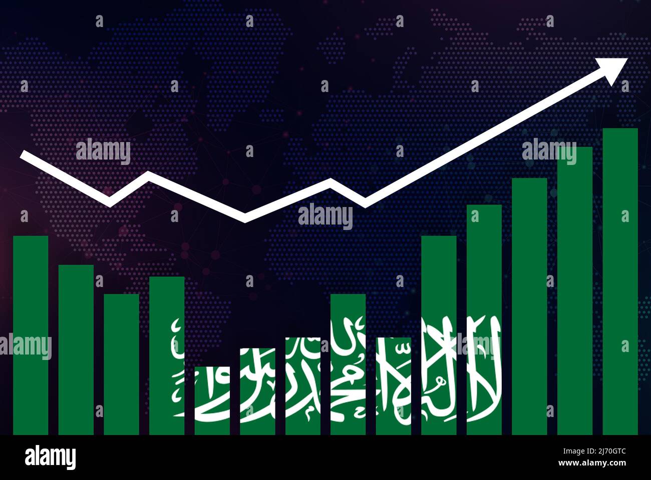 Saudi Arabia bar chart graph with ups and downs, increasing values ...