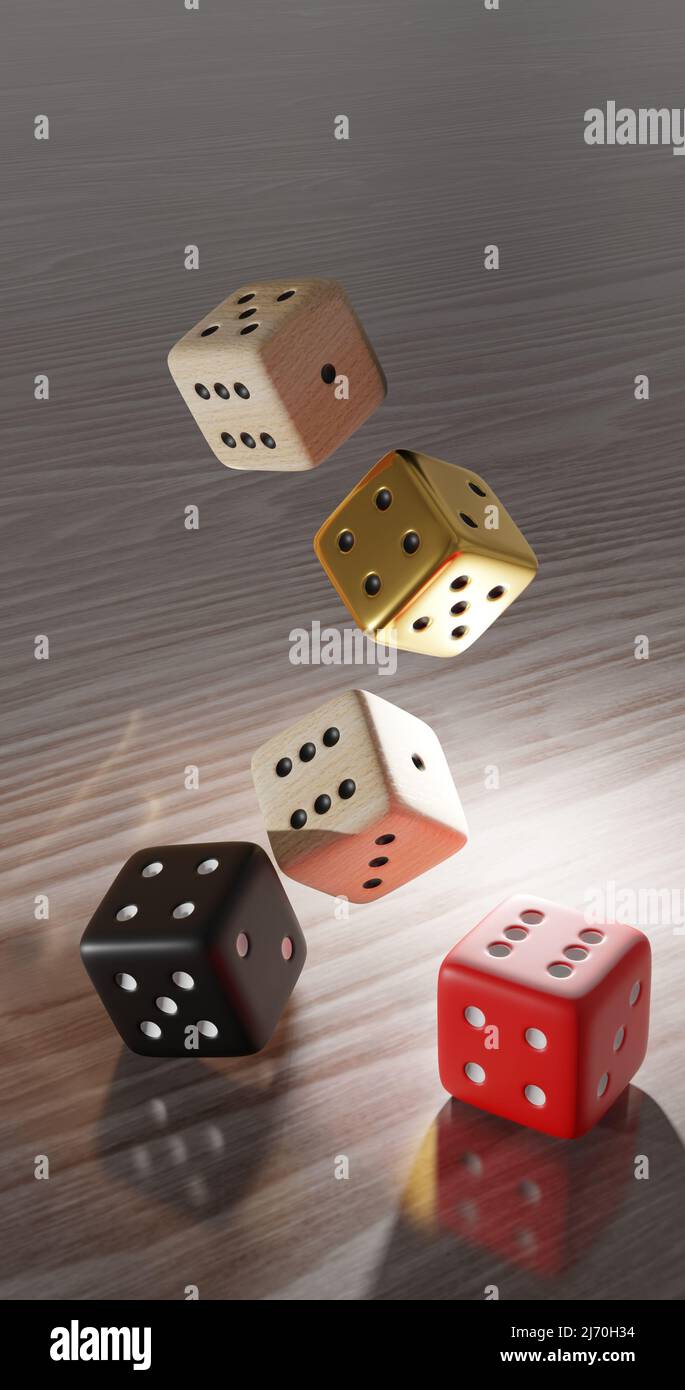 playing dice. throw a die on the table board game wooden background. 3d ...