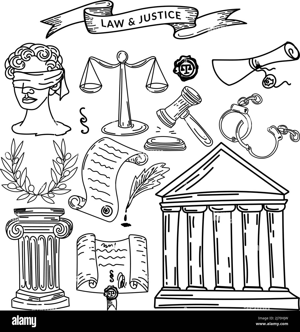 A set of law and justice symbols, a hand-drawn sketch-style doodle ...