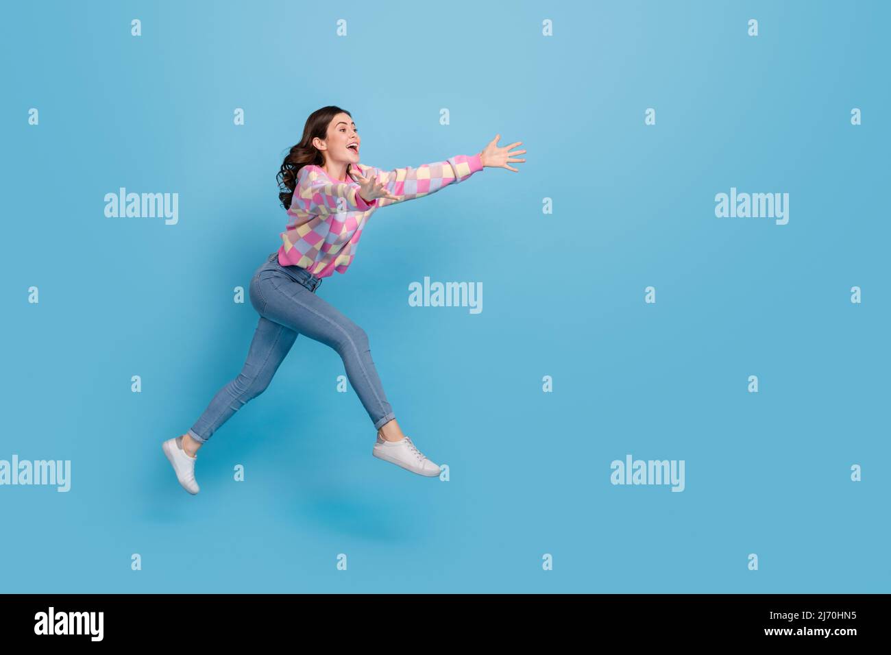 Full size profile side photo of young cheerful girl hurry run open ...