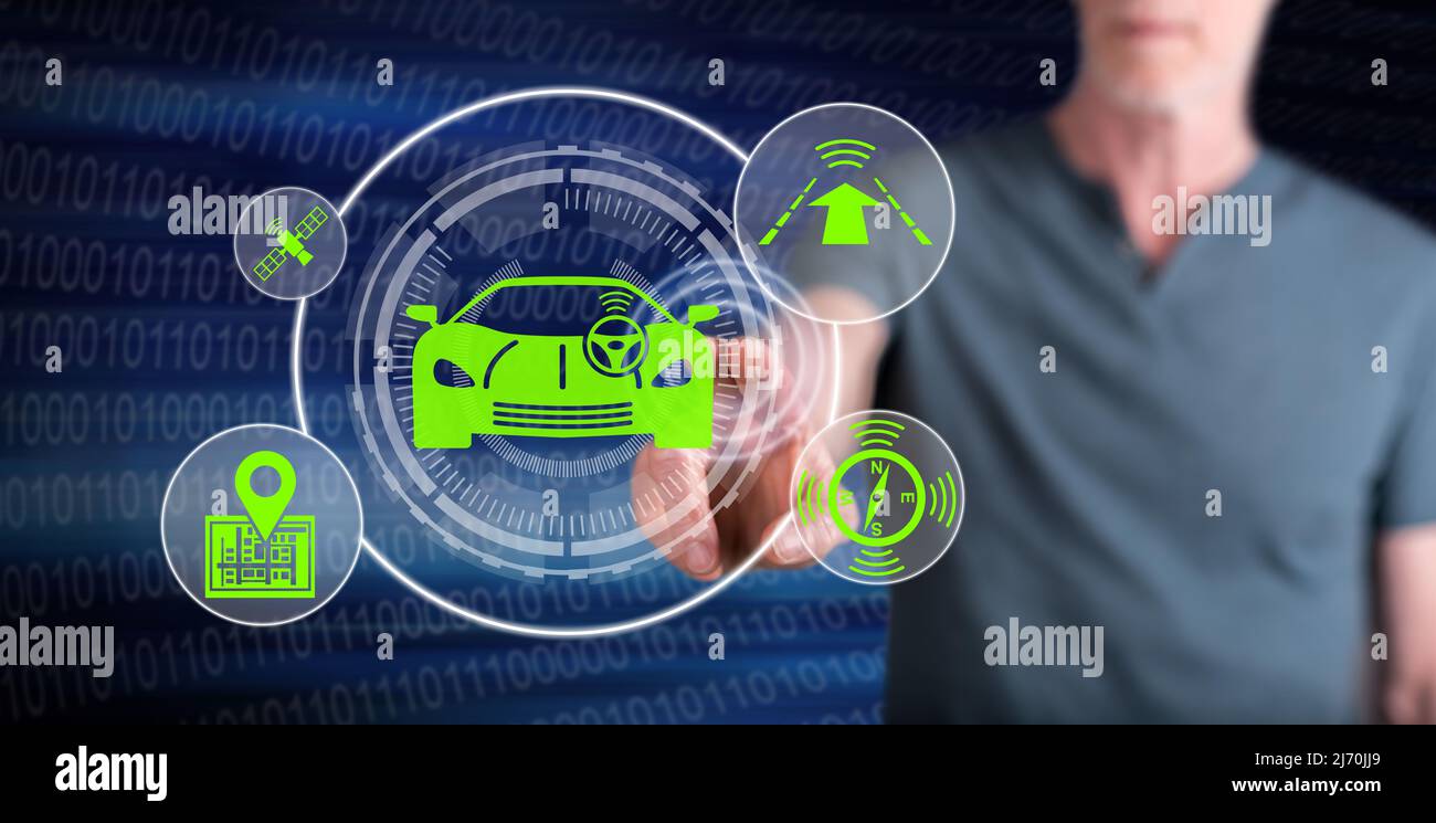 Man touching a driverless car concept on a touch screen with his finger ...