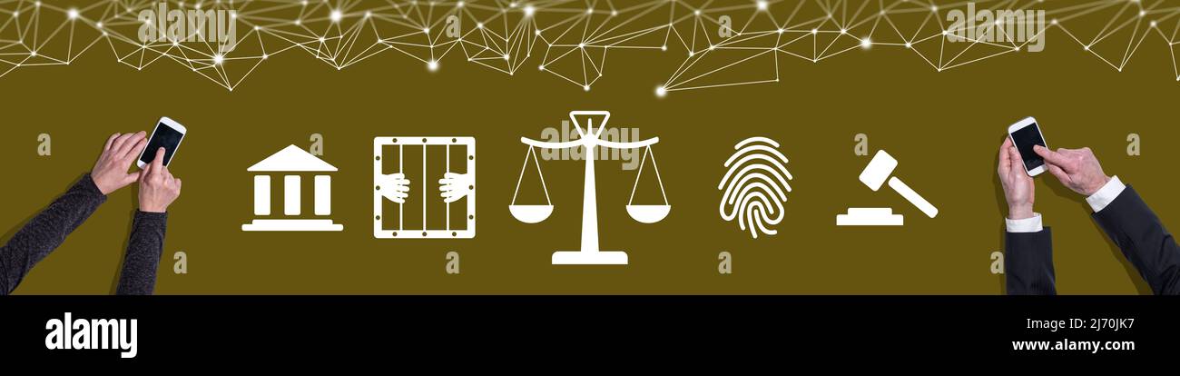 Top view of hands using mobile phone with symbol of justice concept ...