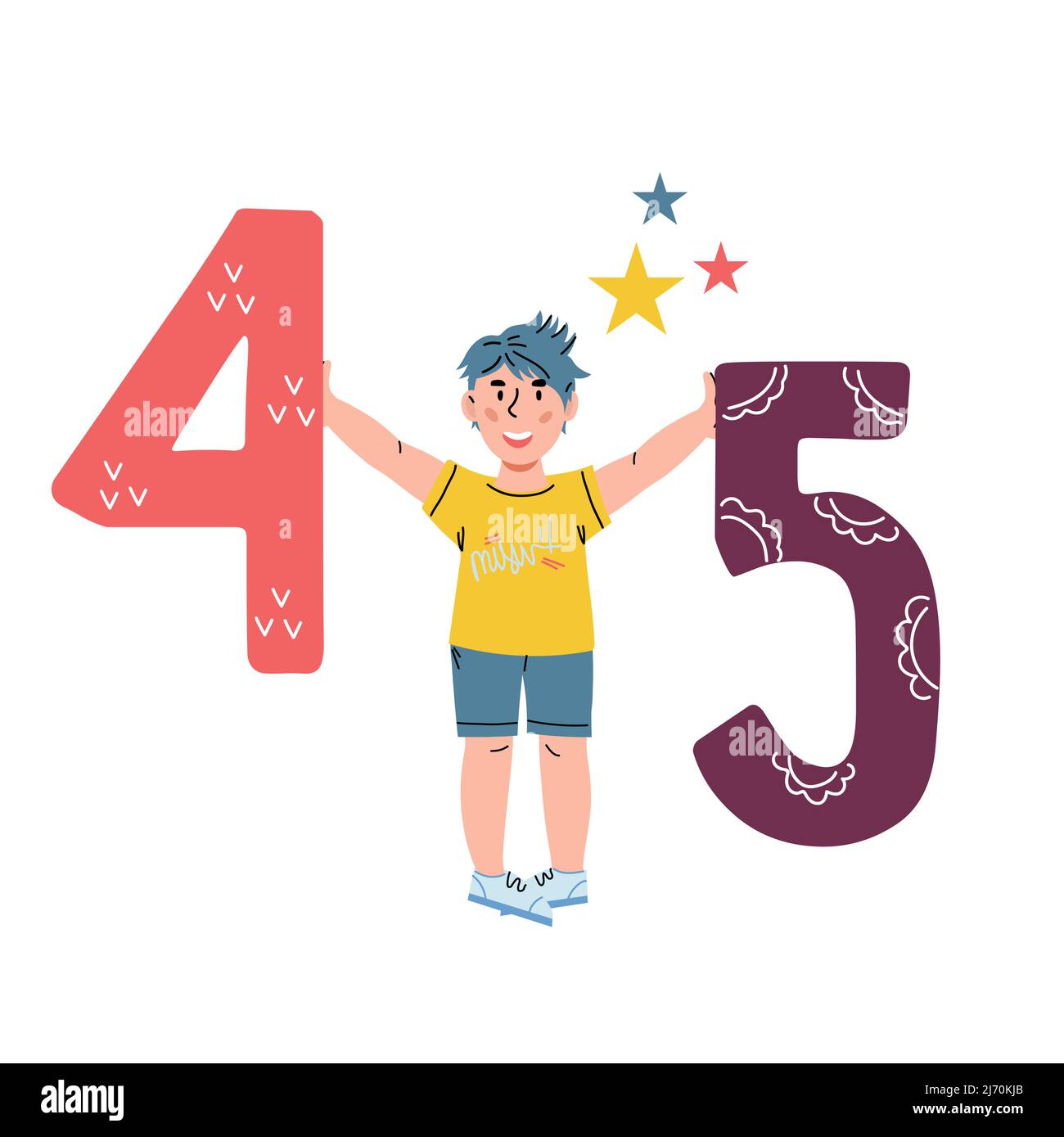 Child boy with numbers in his hands, vector cartoon flat illustration ...