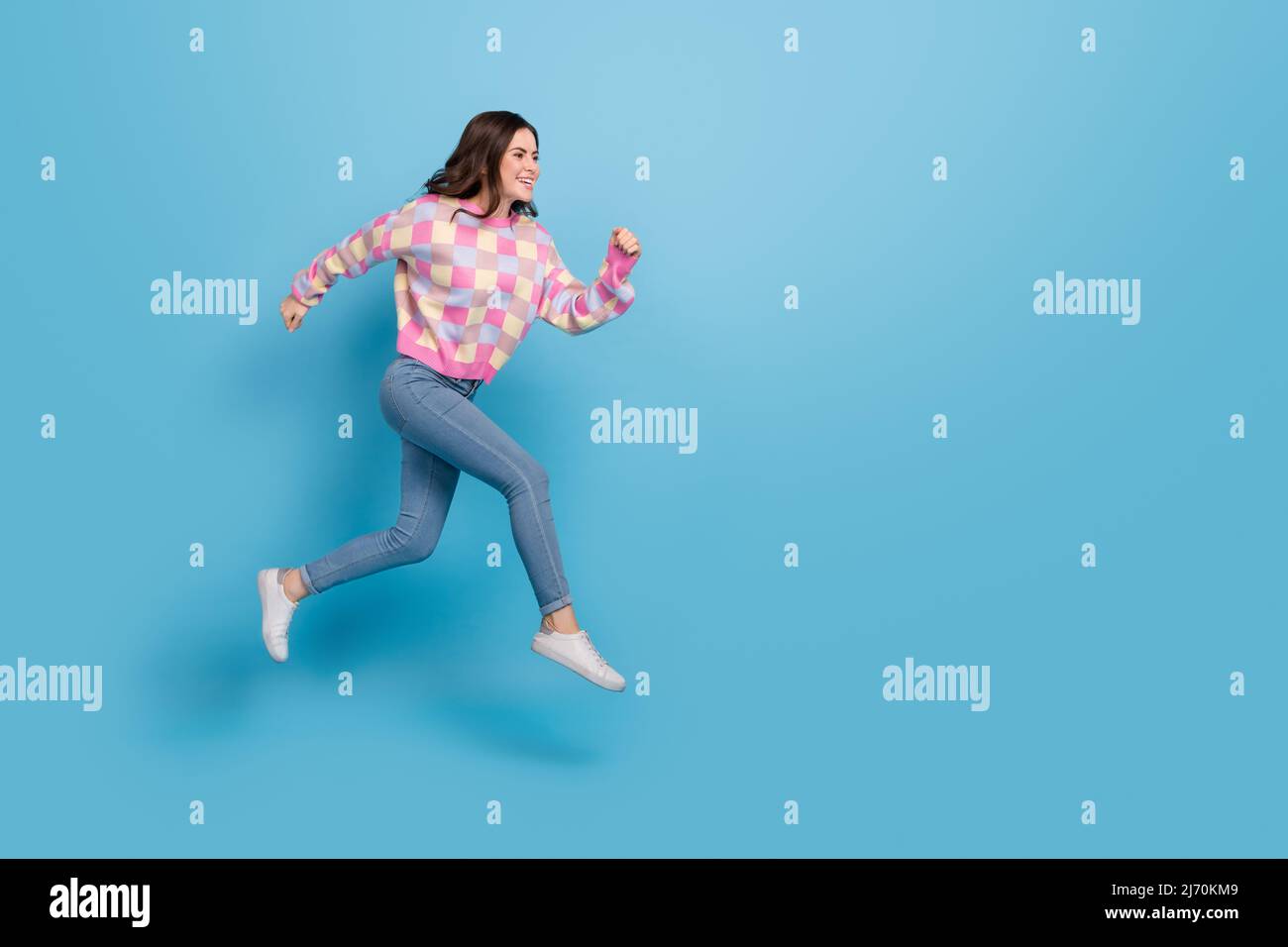 Full size photo of young pretty lady runner jumper hurry fast movement ...