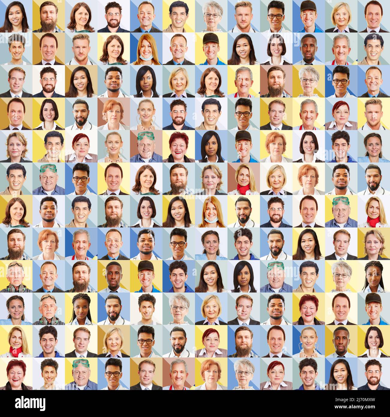 Many portraits of employees from professions in front of colorful ...