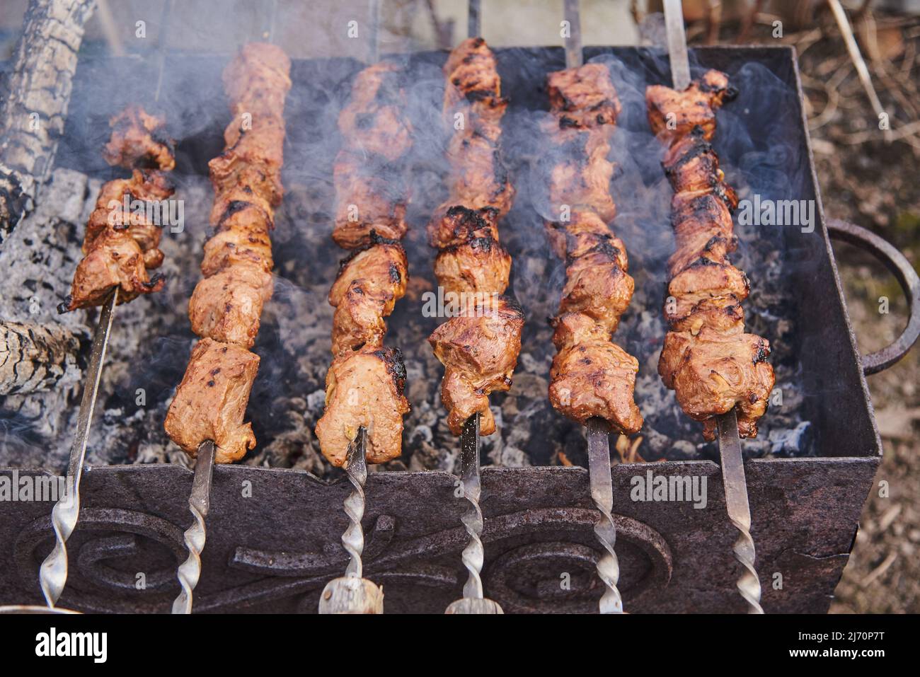 Delicious pork kebab on skewers on the grill, shrouded in smoke Stock ...