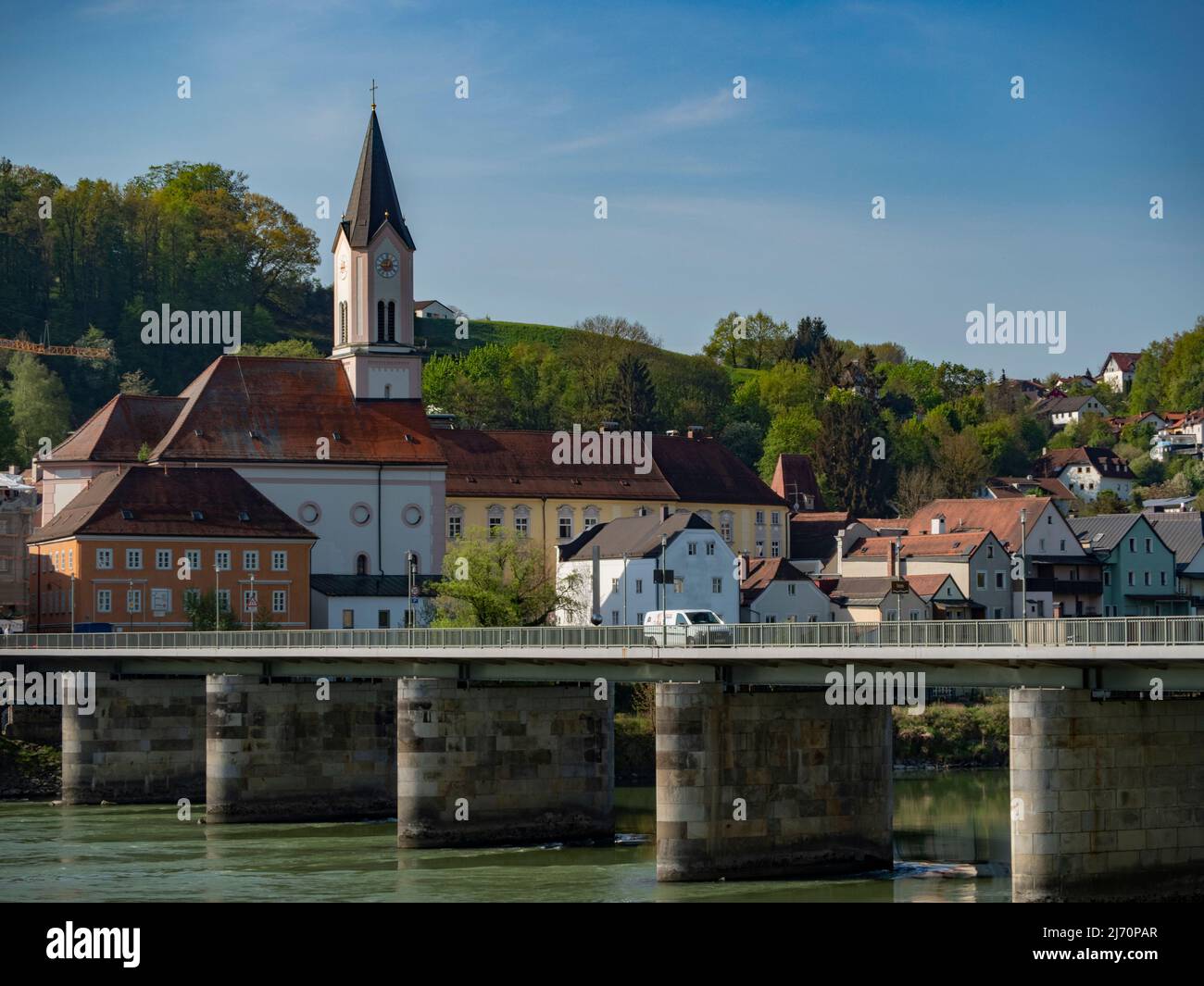 View of the city of Passau with the Marienbrucke bridge over the river ...