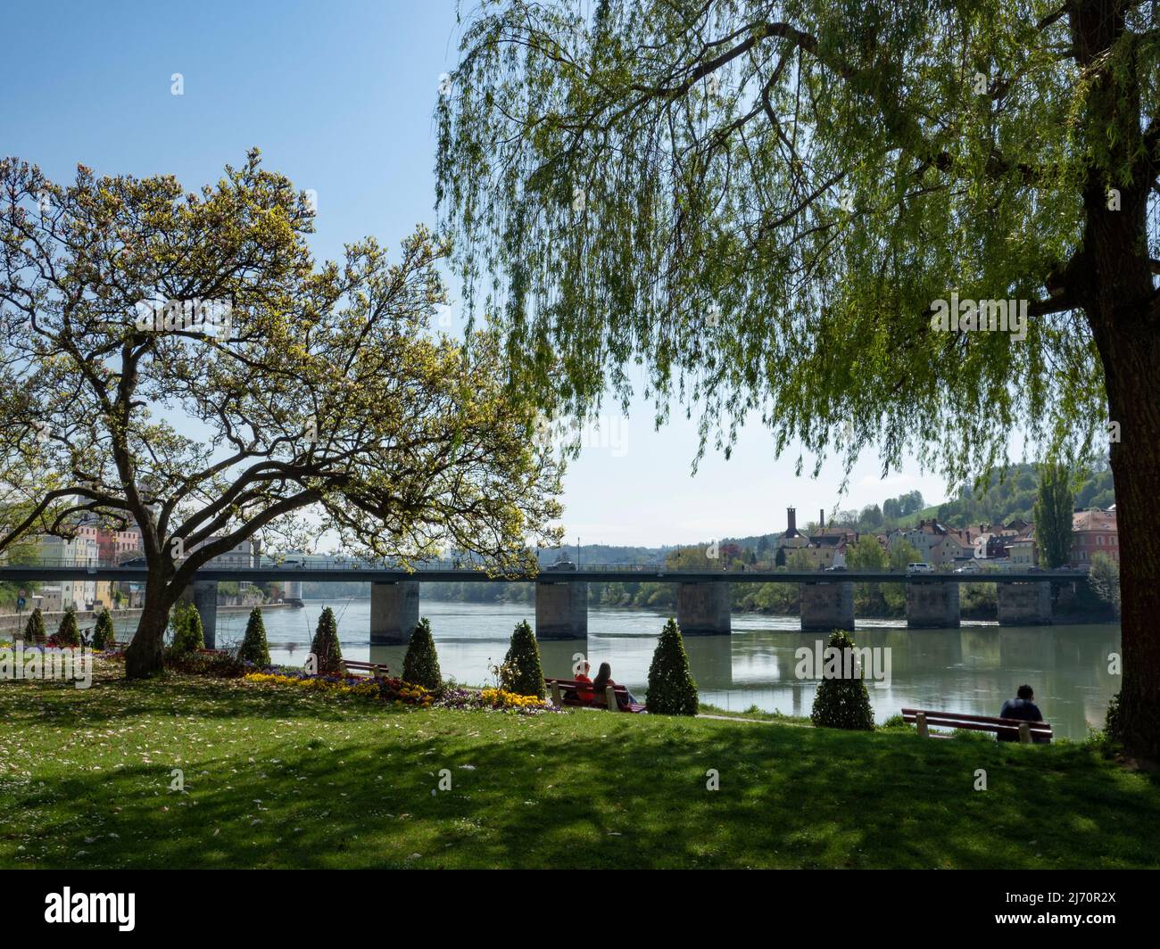 View of the city of Passau with the Marienbrucke bridge over the river ...