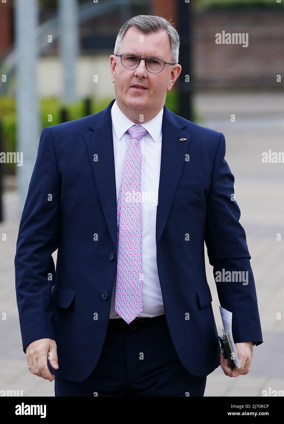 Democratic Unionist leader Sir Jeffrey Donaldson arrives at the polling ...