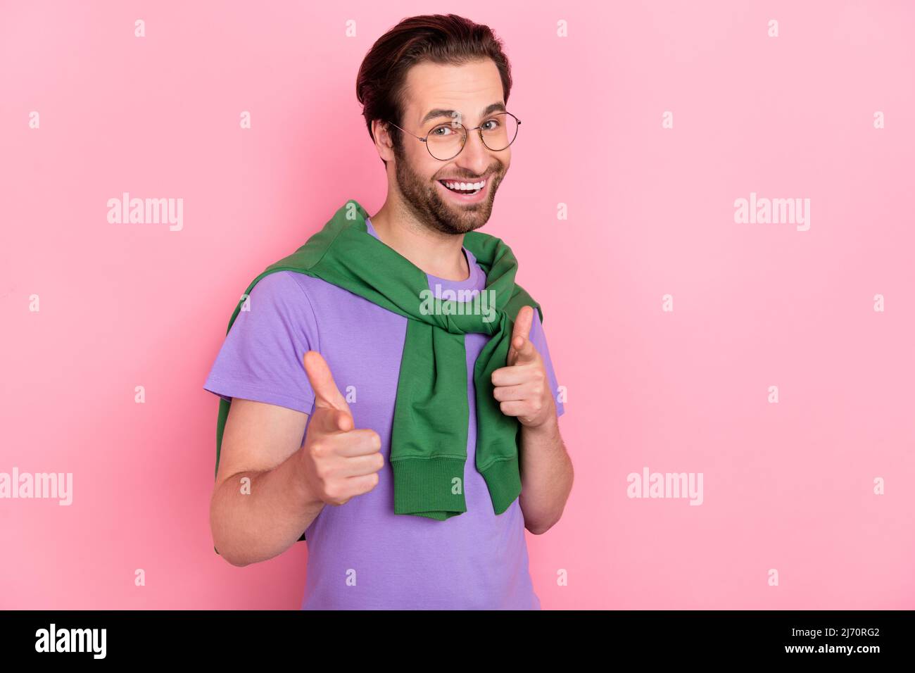 Photo of cheerful good mood man wear shirt on shoulder flirting with ...