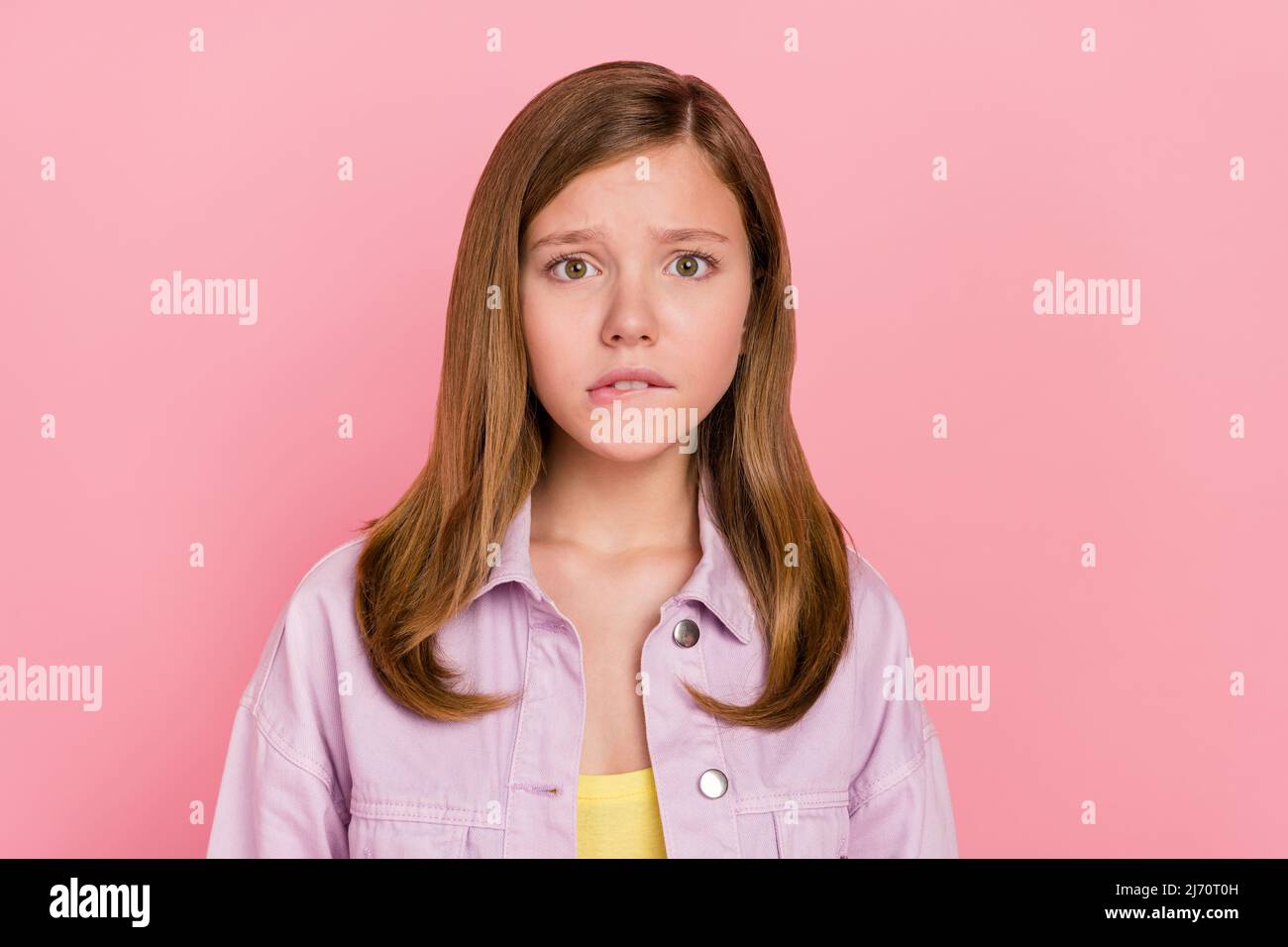 Photo of young girl bite lips worried nervous afraid fail trouble ...