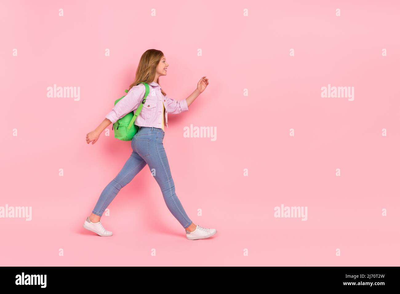 Full size profile side photo of young pretty girl go rush lesson spring ...