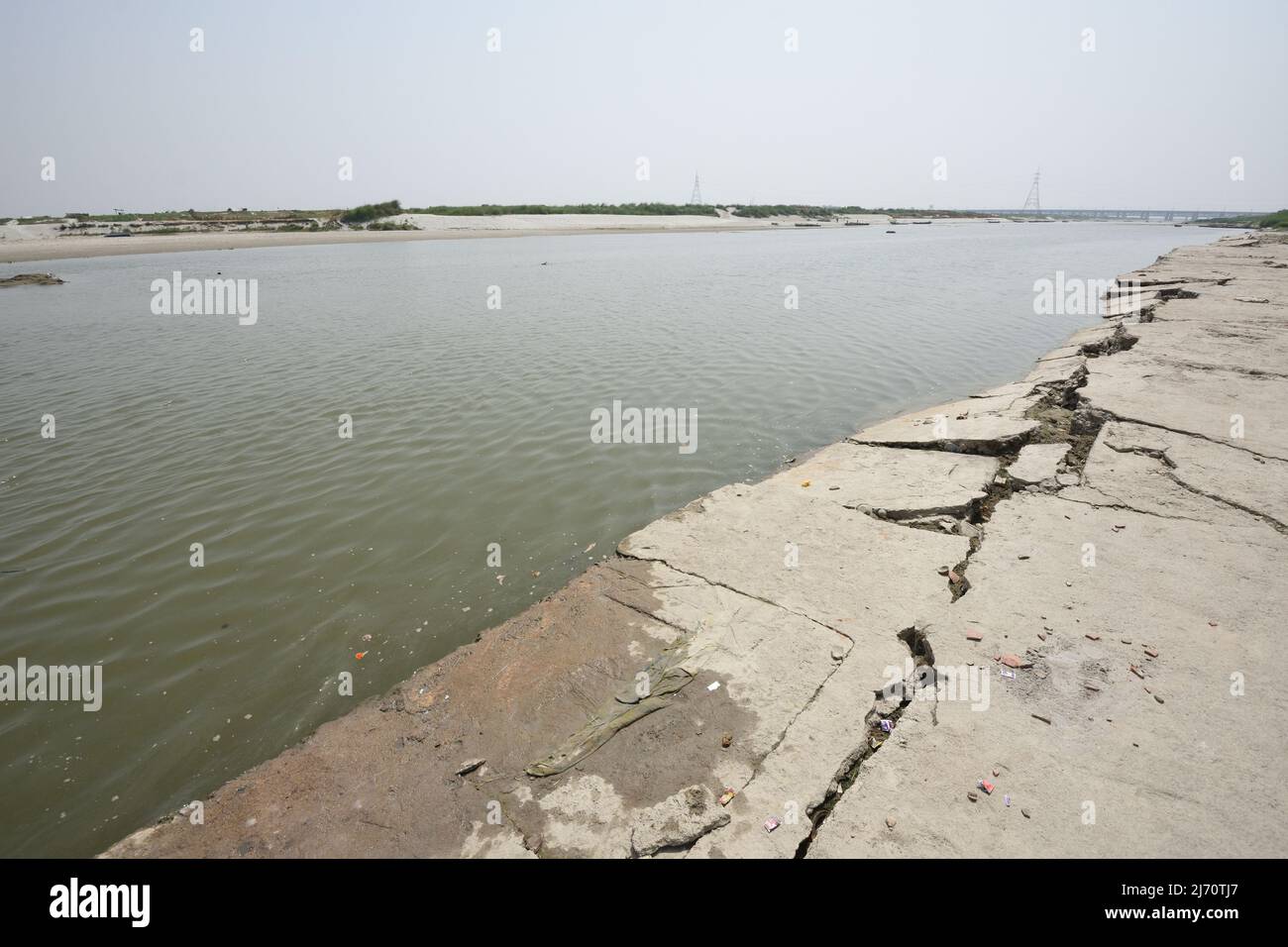 Broken concrete ghat at the Ganges at Guptar Ghat or Narayan Ghat ...