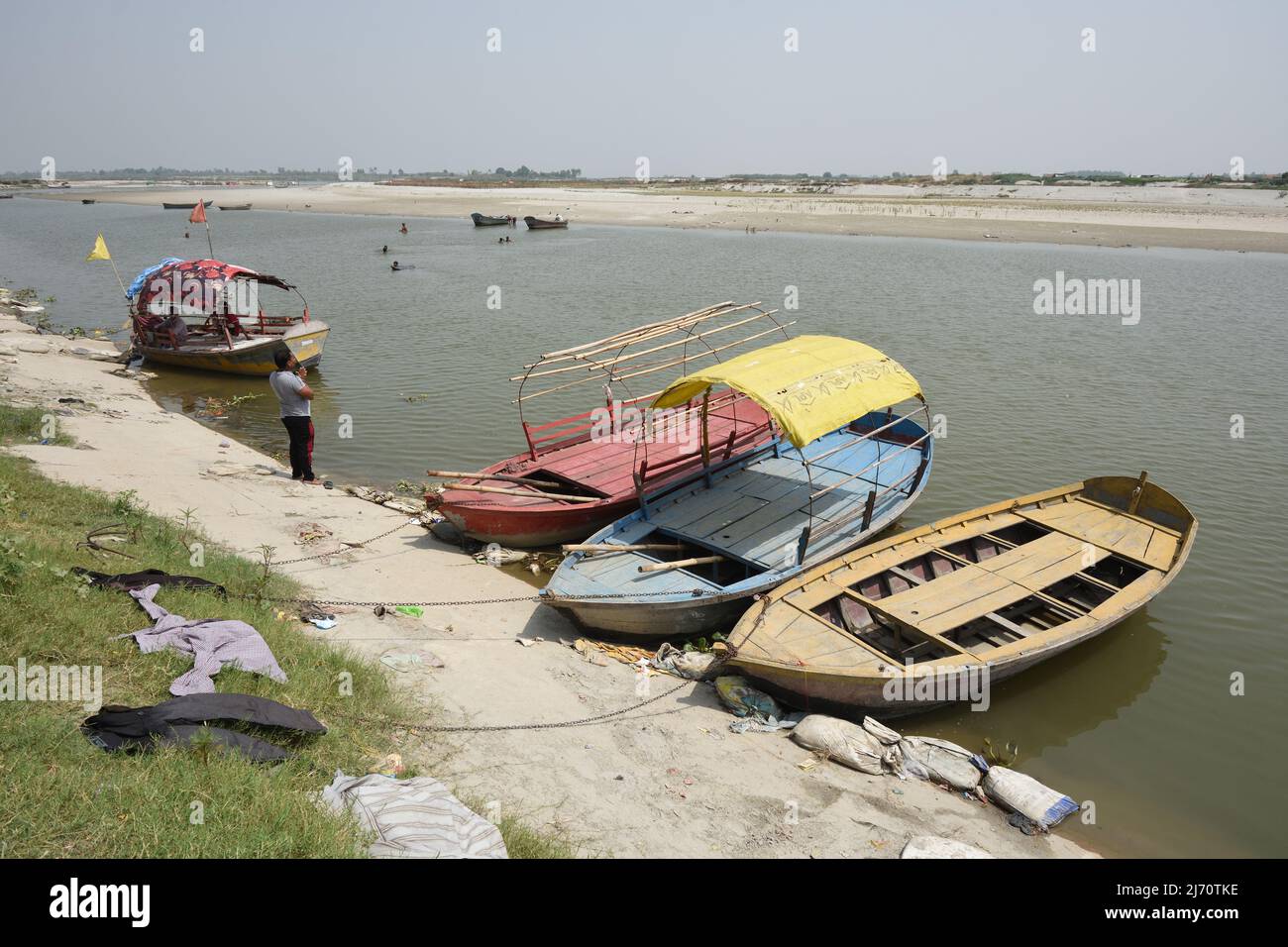 The Ganges with floating boats near Guptar Ghat or Narayan Ghat. Civil Lines, Kanpur, Uttar ...