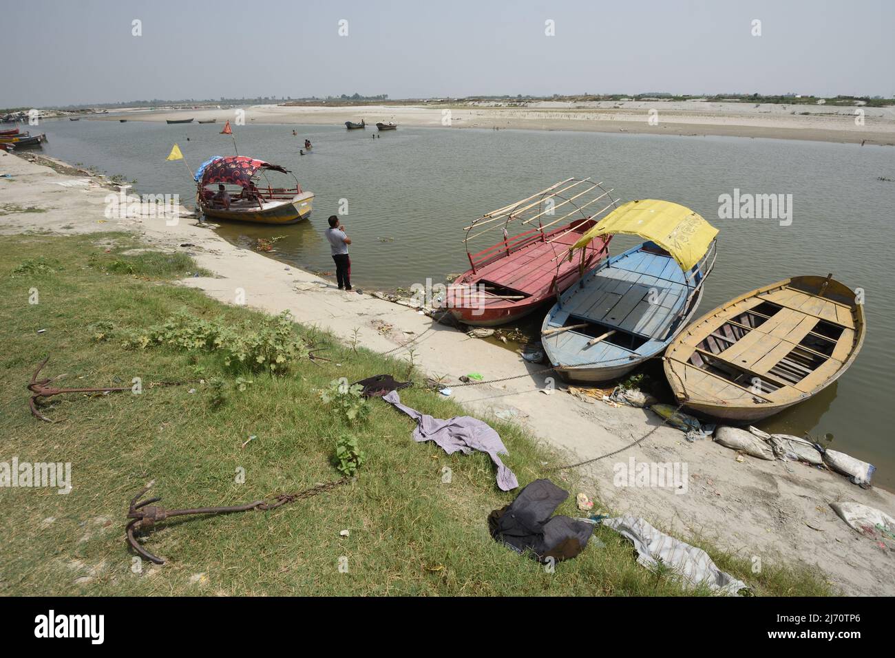 The Ganges with floating boats near Guptar Ghat or Narayan Ghat. Civil Lines, Kanpur, Uttar ...
