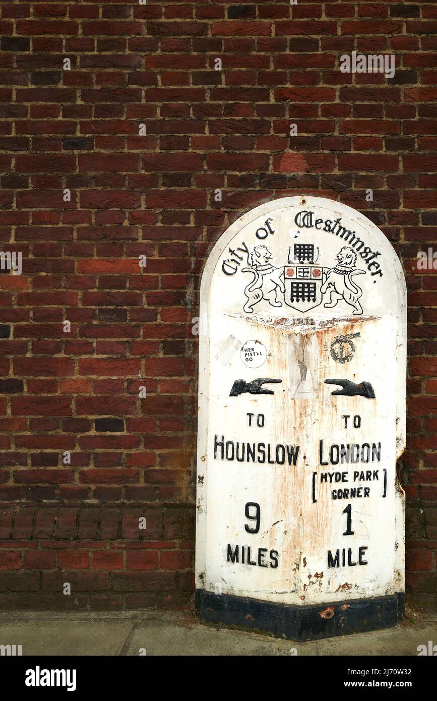 1911 milestone on a pavement at City of Westminster, London, England ...