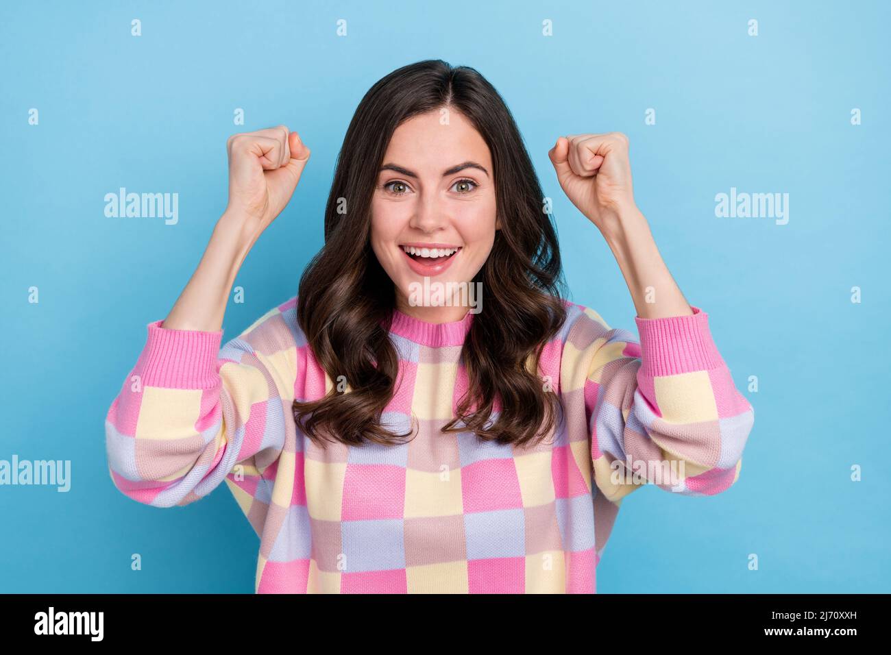 Photo of young excited girl rejoice triumph luck hooray fists hands ...