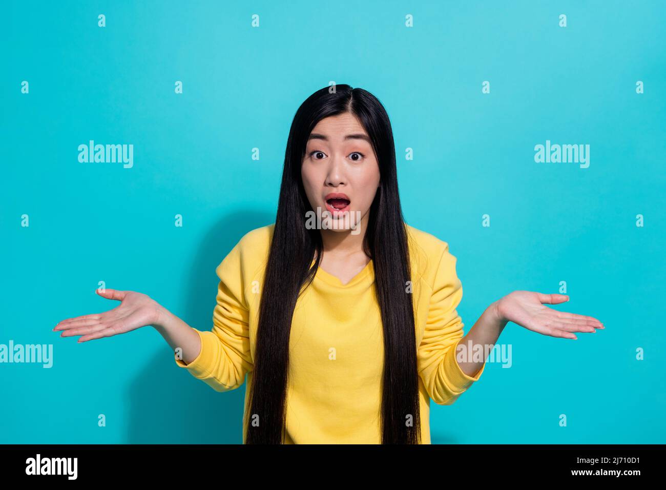 Photo of unsure puzzled lady dressed yellow sweater open mouth rising ...
