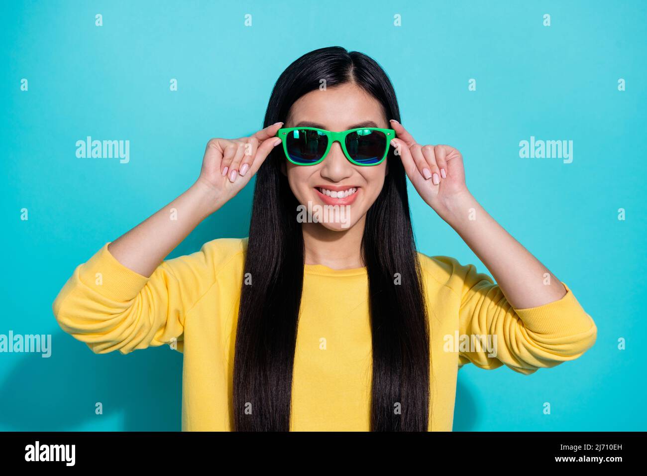 Photo of funky cool lady dressed yellow sweater dark spectacles smiling ...