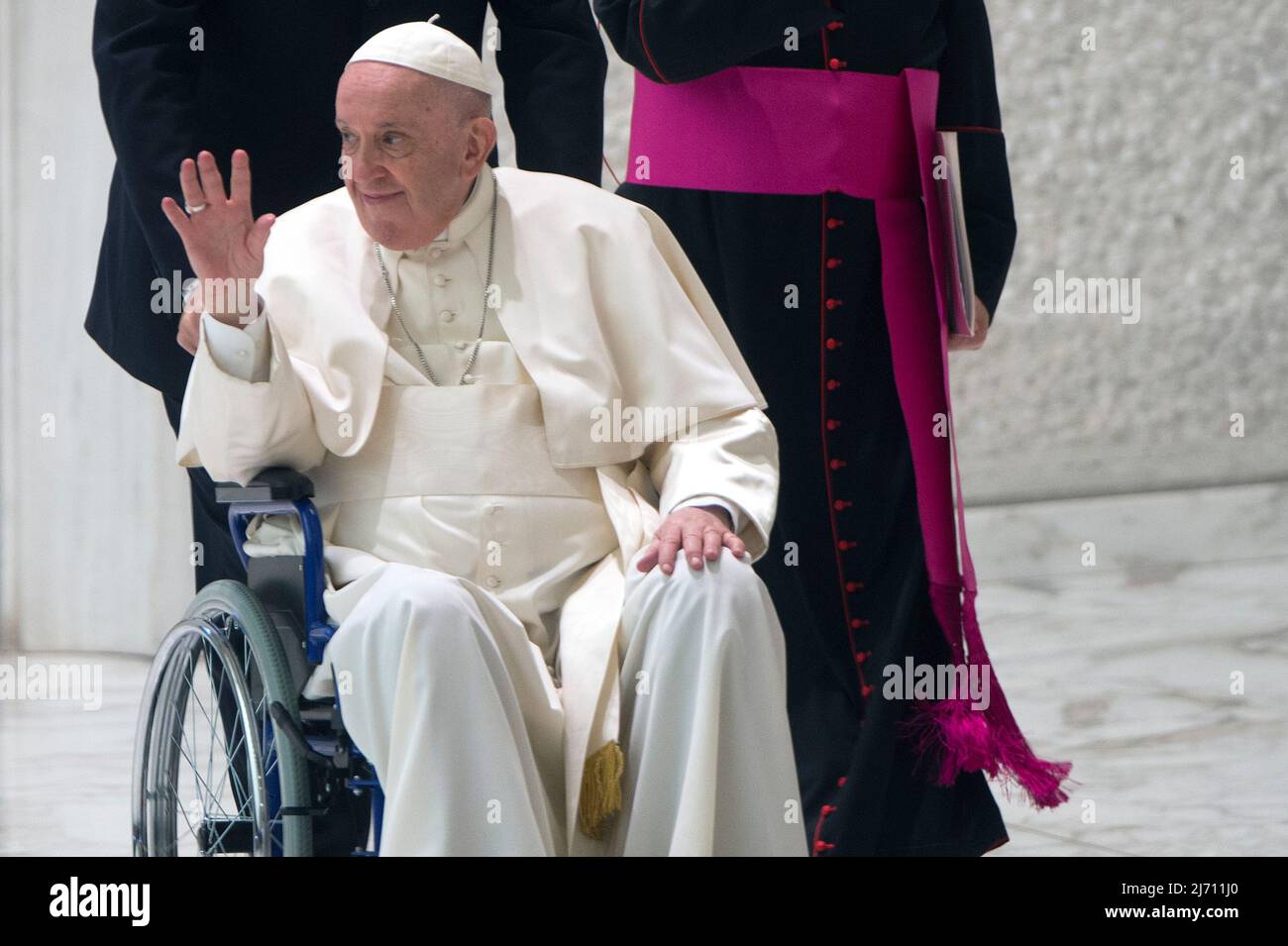 Vatican, 2022/05/05 Pope Francis arrives on wheelchair during the ...