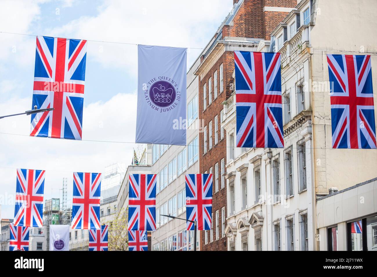 London, UK. 5 May 2022. Union flags and banners have been put up in ...