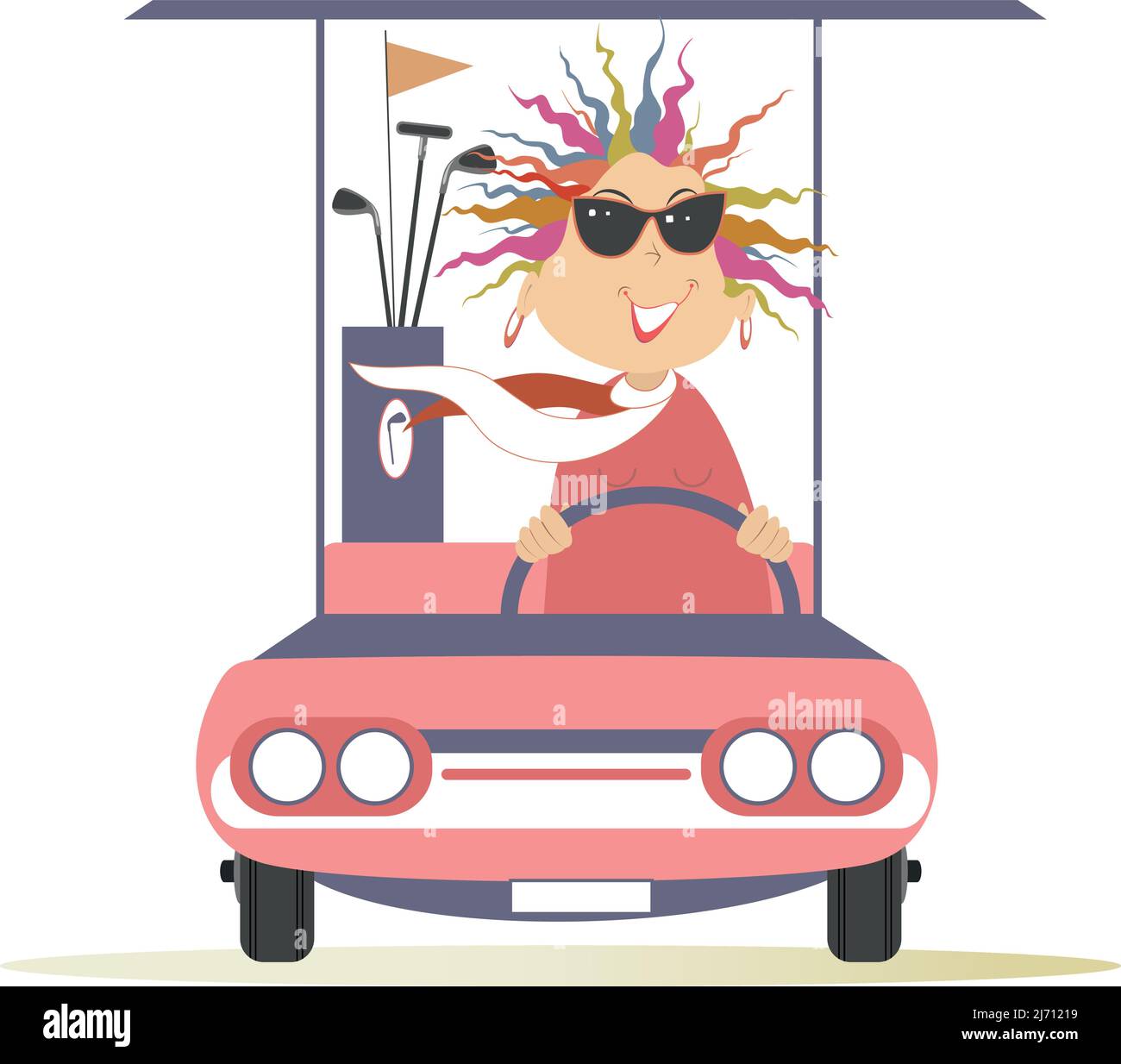 Young golfer woman ride on the golf cart car illustration. Smiling ...