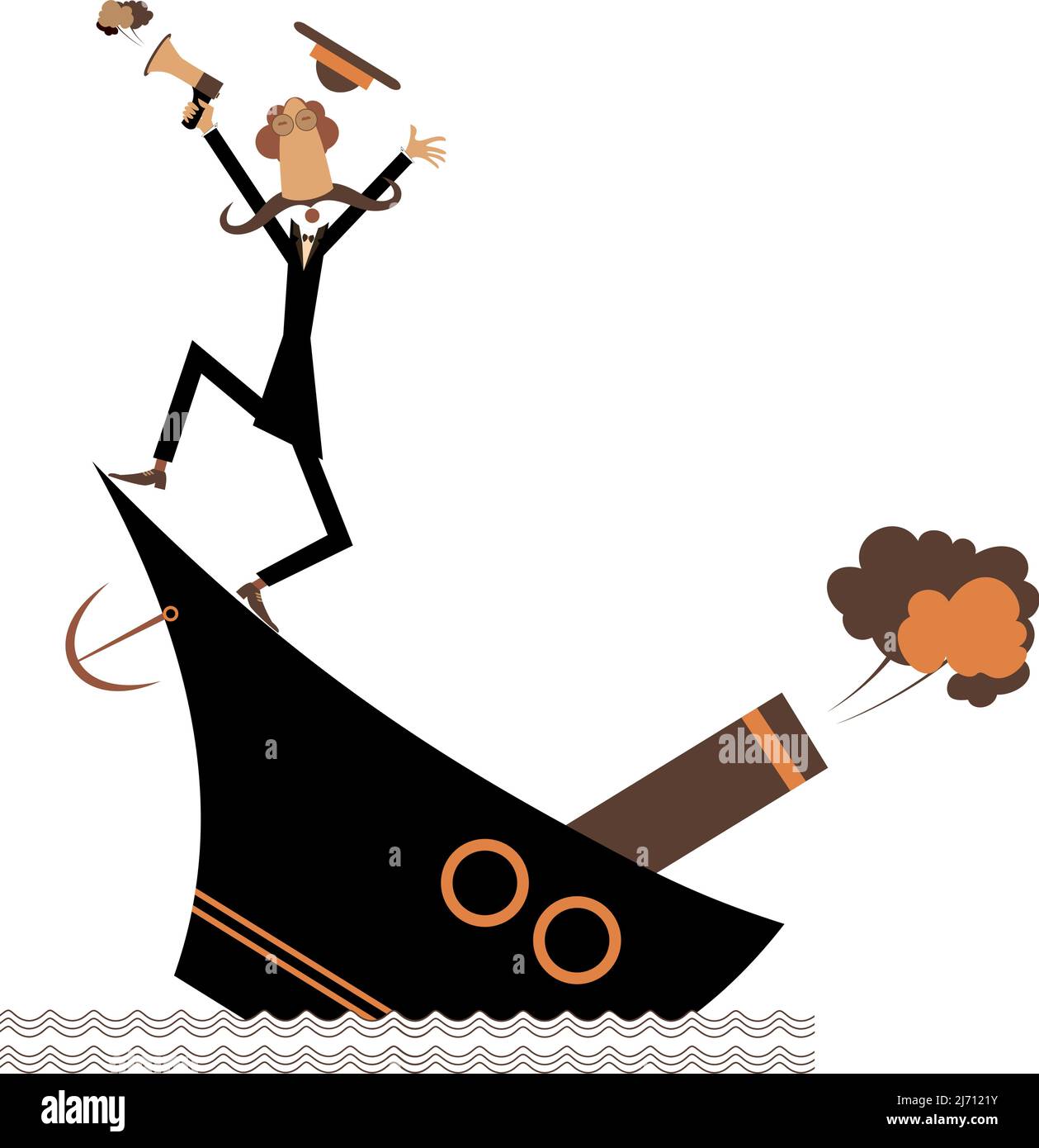 Cartoon captain of the ship on a sinking ship is in panic. Upset ... Cartoon captain of the ship on a sinking ship is in panic. Upset ...