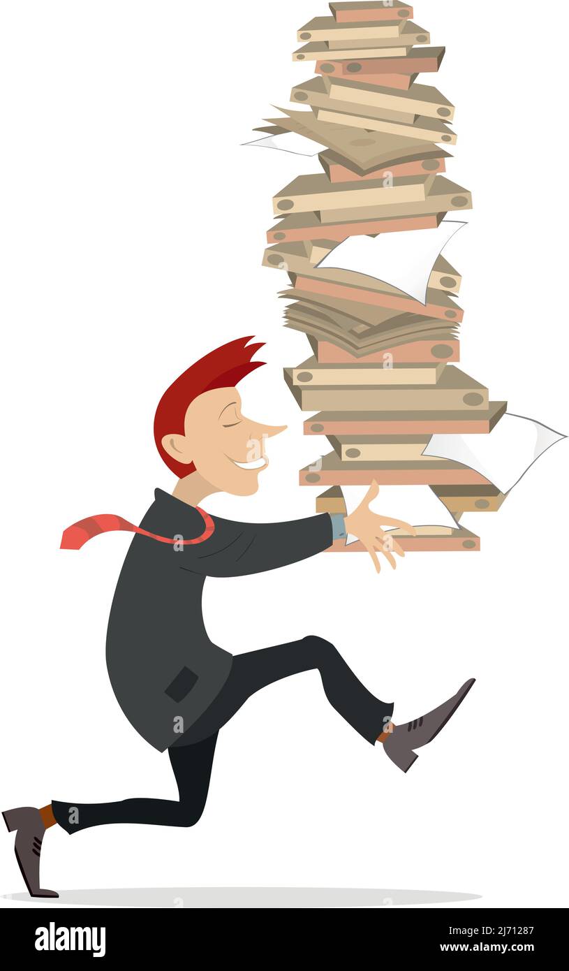 Man with piles of papers or books illustration. Smiling man holds big ...