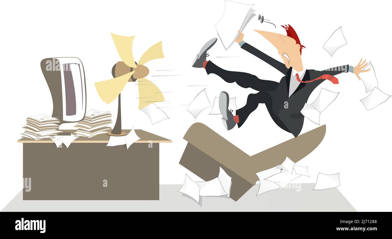 Office, businessman, big table fan. Man in the office flying away from ...