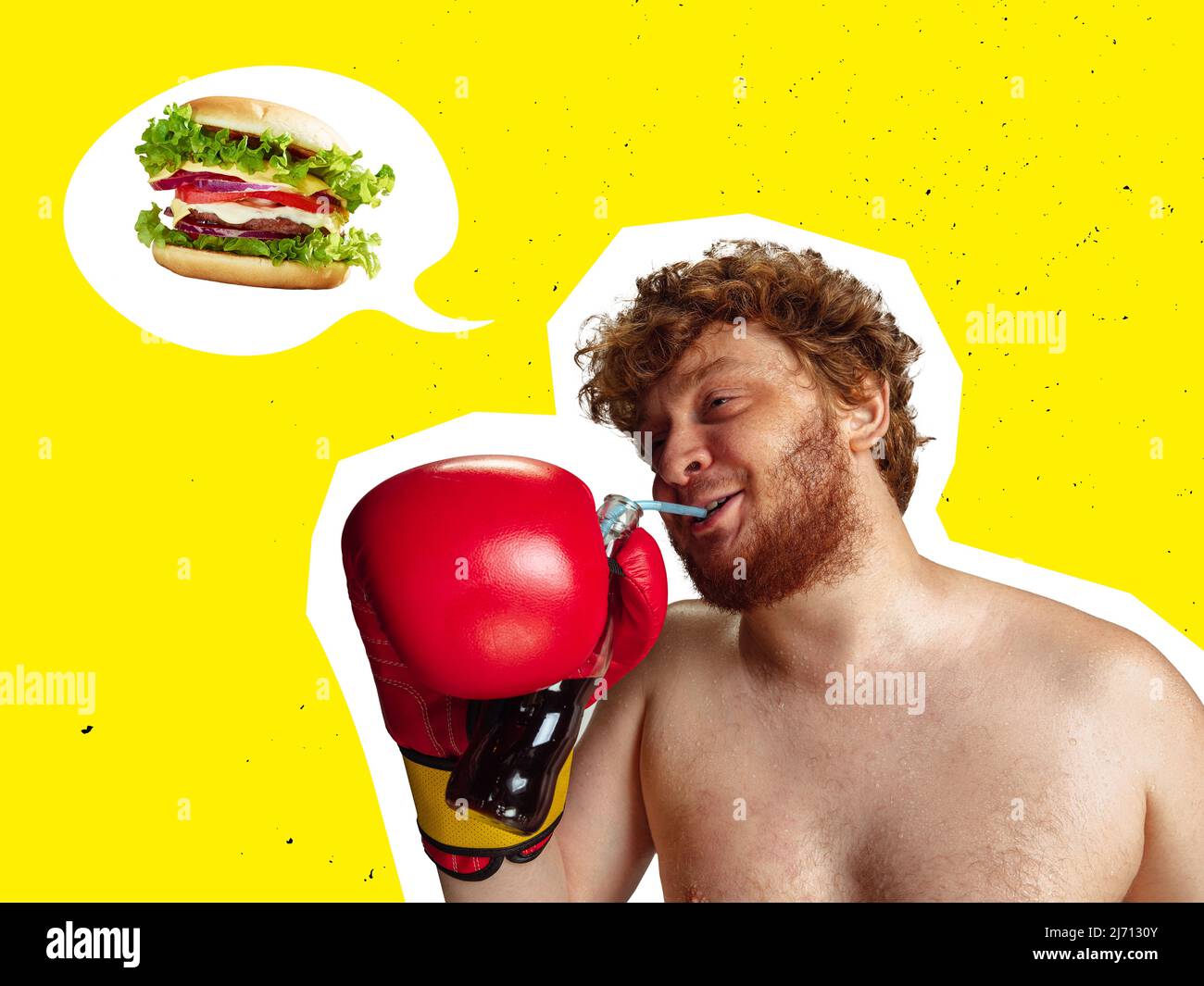 Contemporary art collage. Funy image of man in boxing gloves drinking ...