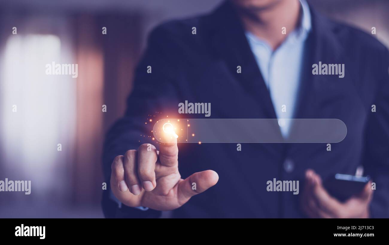 Data Search Technology Search Engine Optimization. man's hands are using a computer notebook to ...