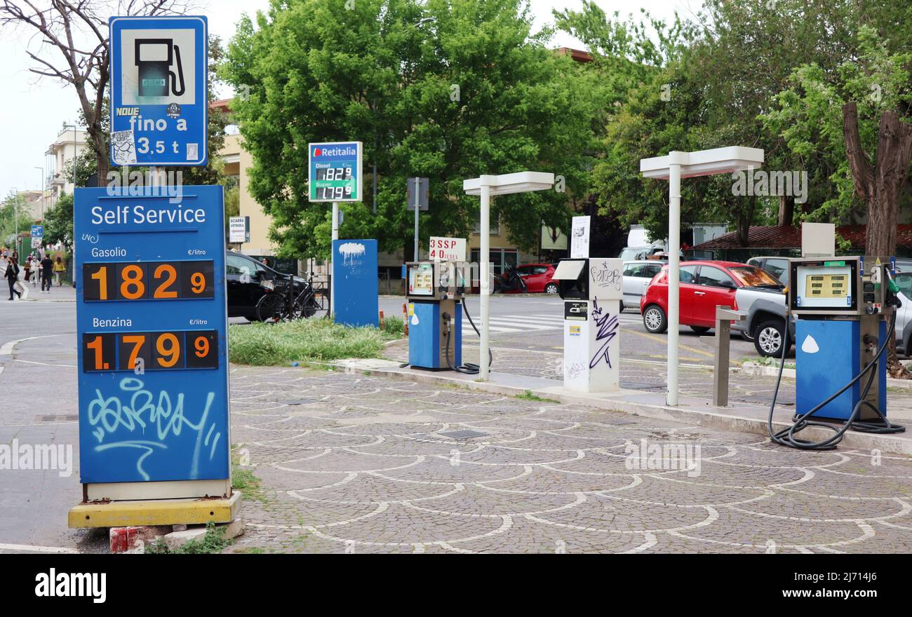 Prices displayed in a petrol station in Rome, Italy, May 4 2022. Italy ...