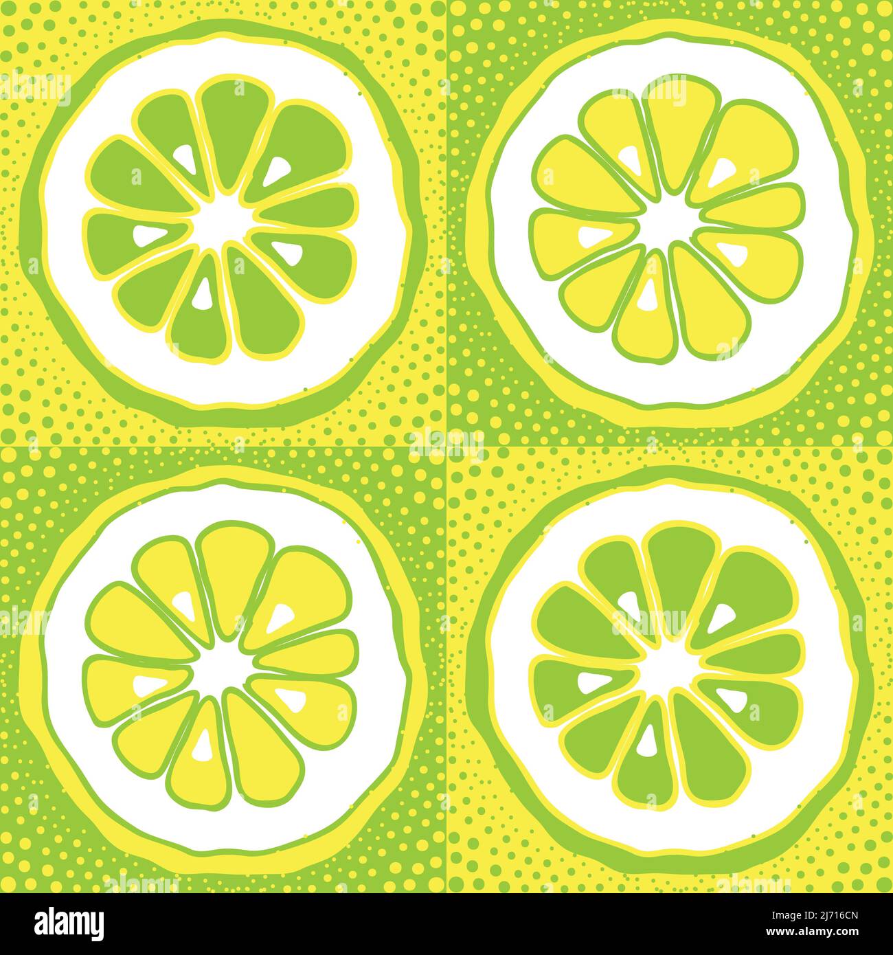 Vector repeat pattern with lemon, citrus, orange. Simple fruit design with yellow and green ...