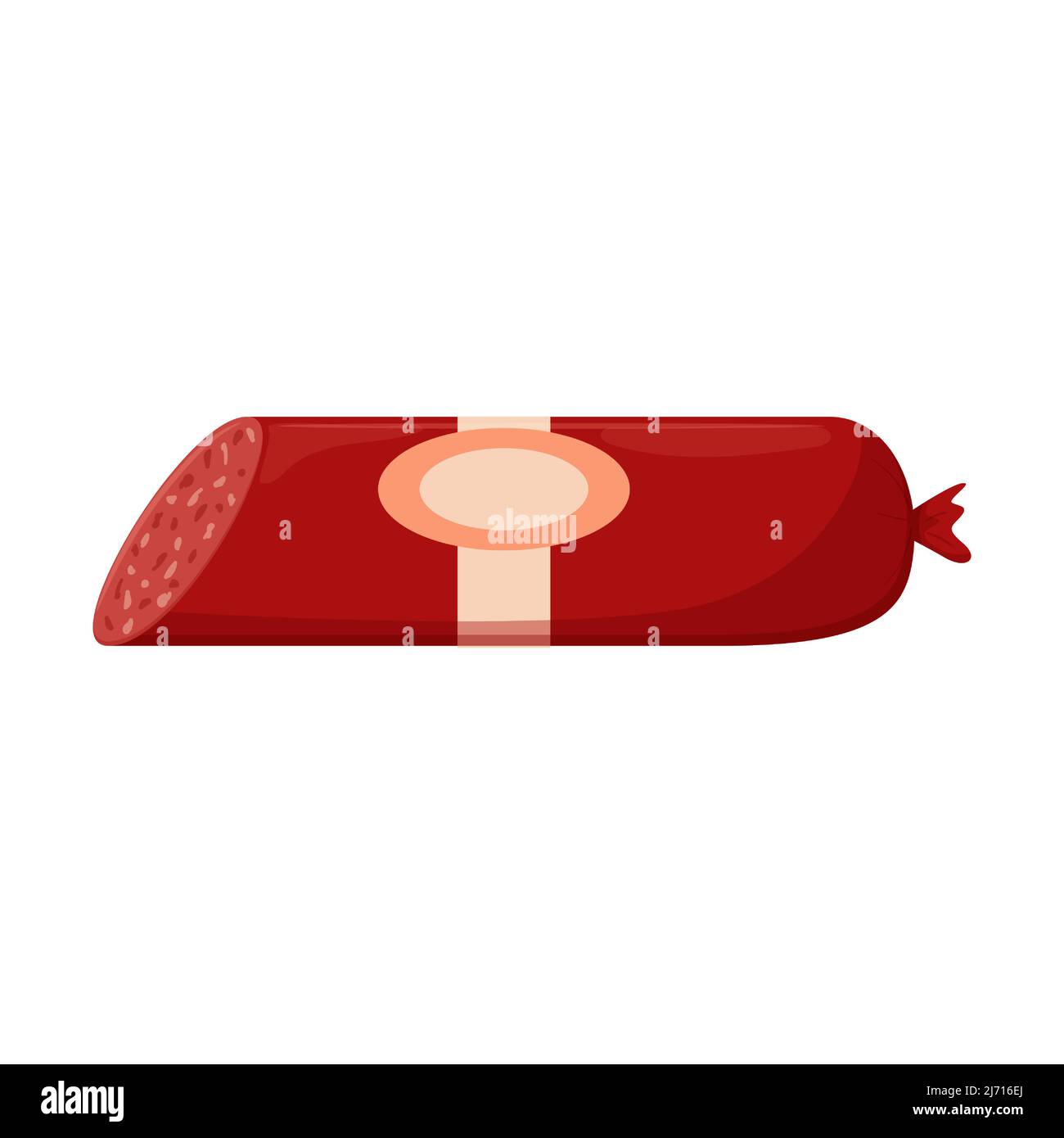 A piece of sliced boiled smoked sausage with chunks of meat and fat ...