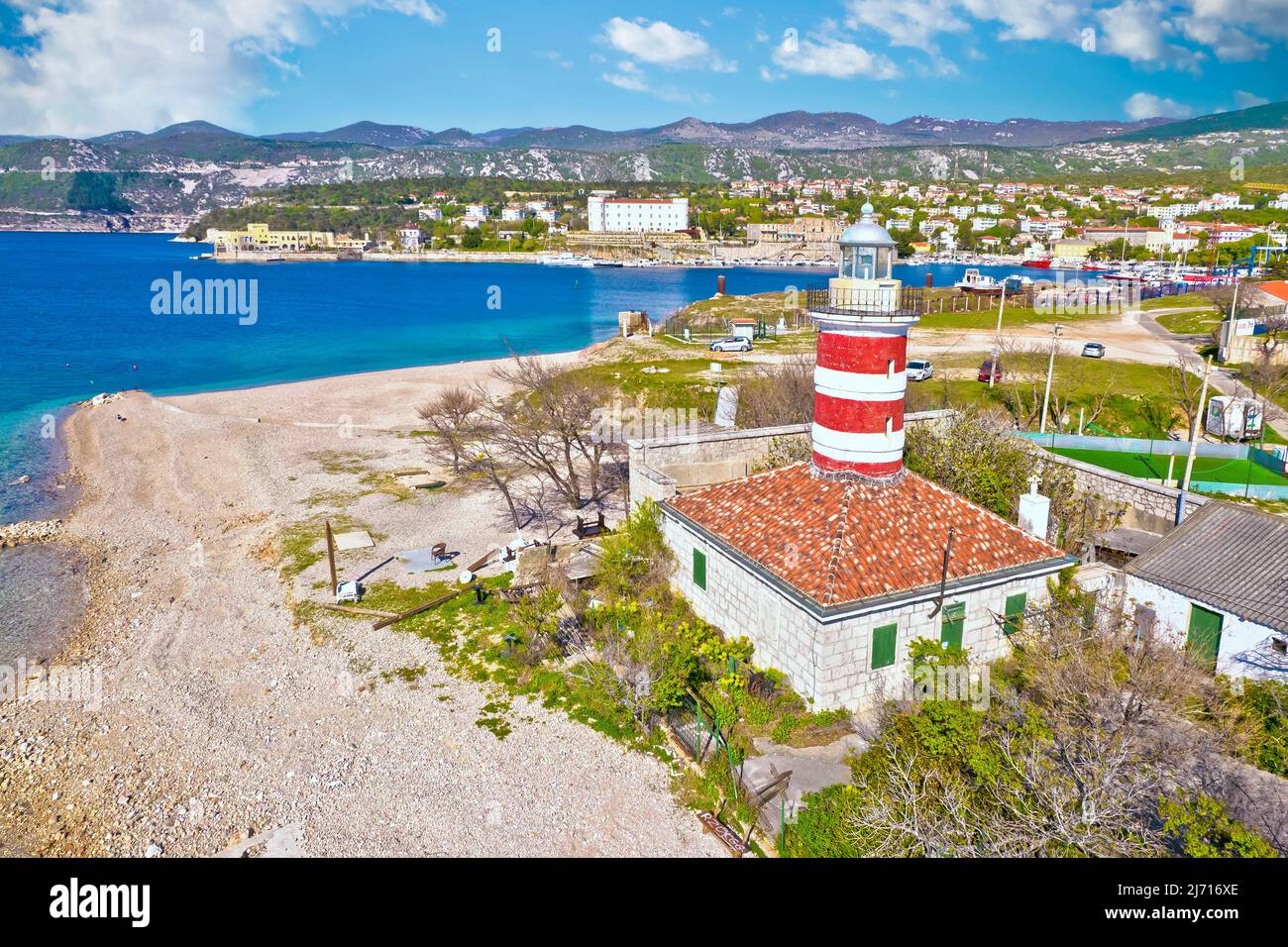 Town of Kraljevica in Kvarner bay beach and lighthouse aerial view ...