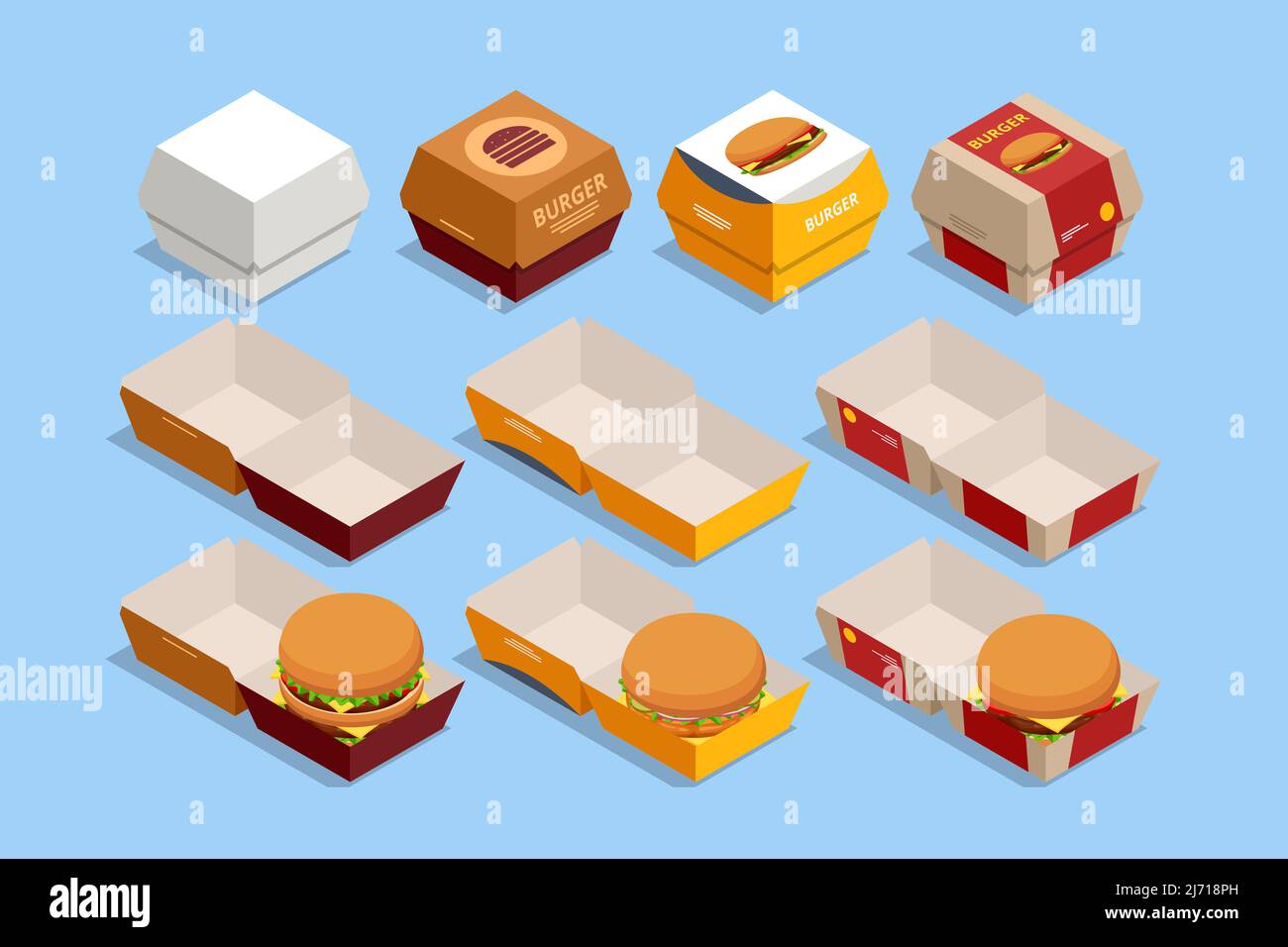 Isometric burger, hamburger in red and beige paper boxes for burgers ...