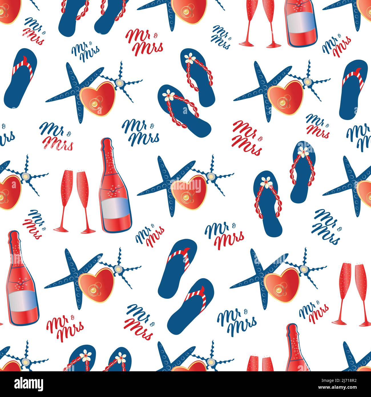 Vector Mr and Mrs typography, flip flop shoes, starfish, hearts, shells champagne glasses. Red ...